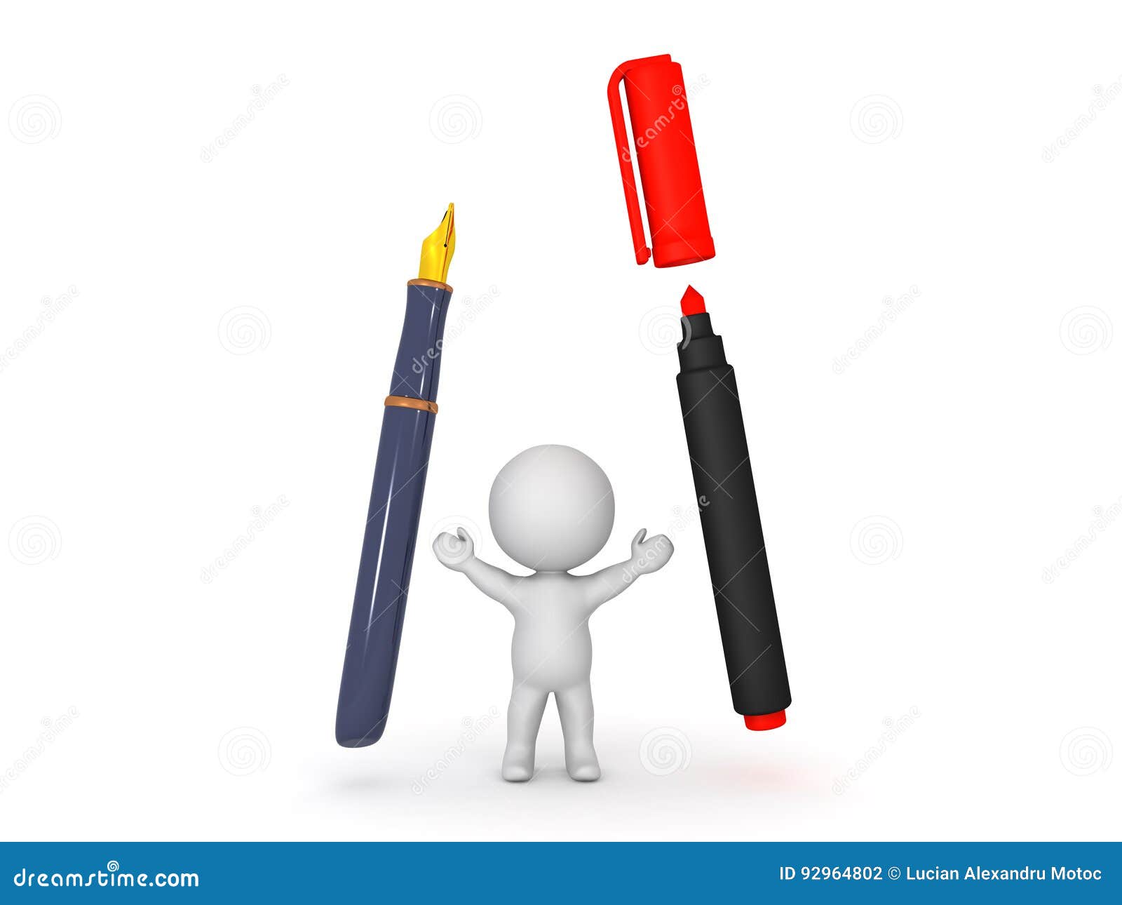 3D Character with Fountain Pen and Red Marker Stock Illustration ...
