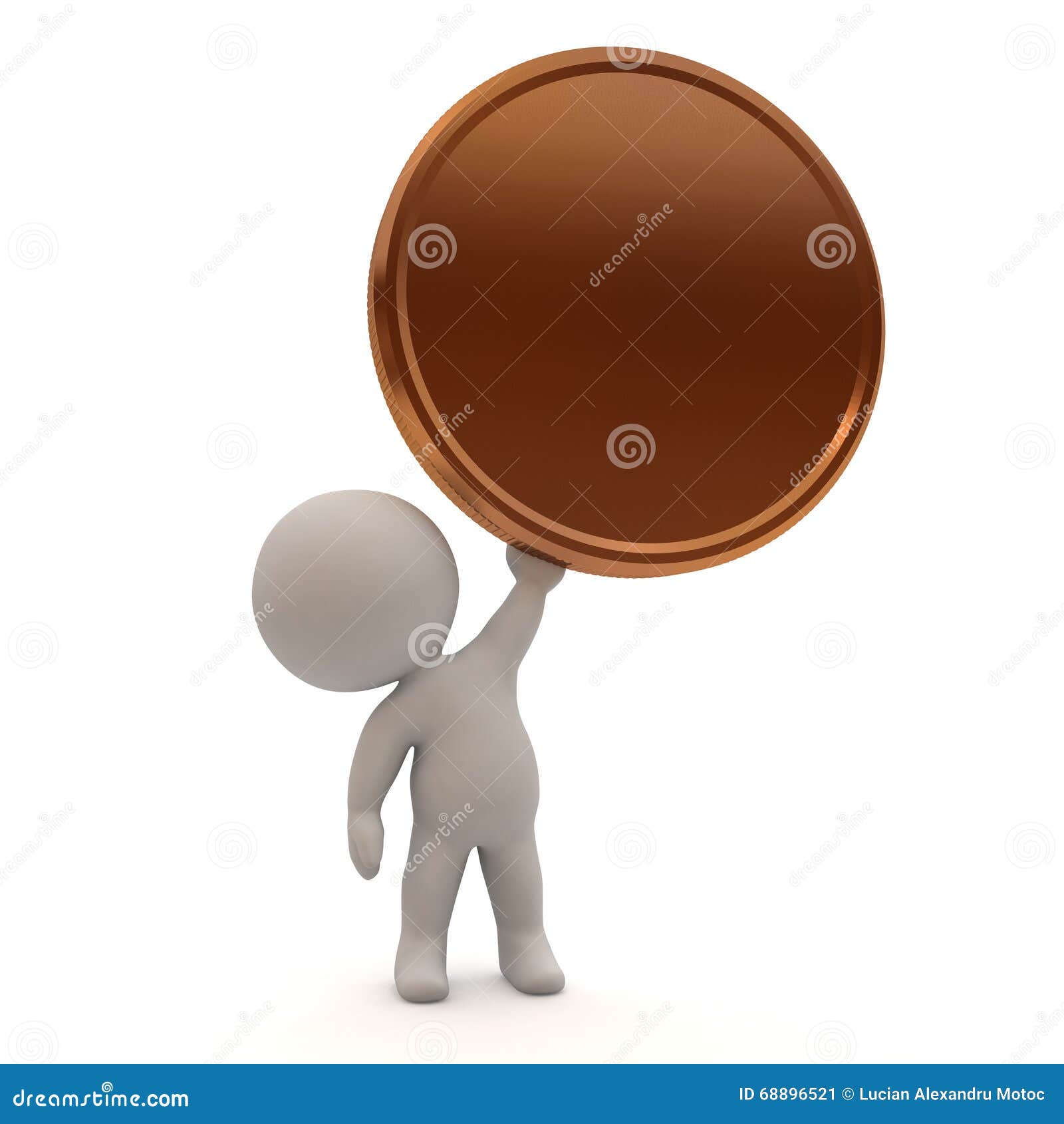3D Character Holding Up Large Bronze Coin Stock Illustration ...