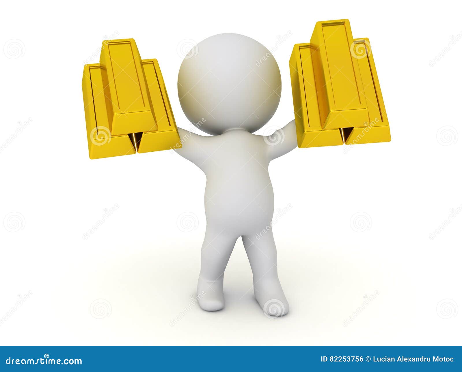 3D Character Holding Up Small Stacks of Gold Bars Stock Illustration ...