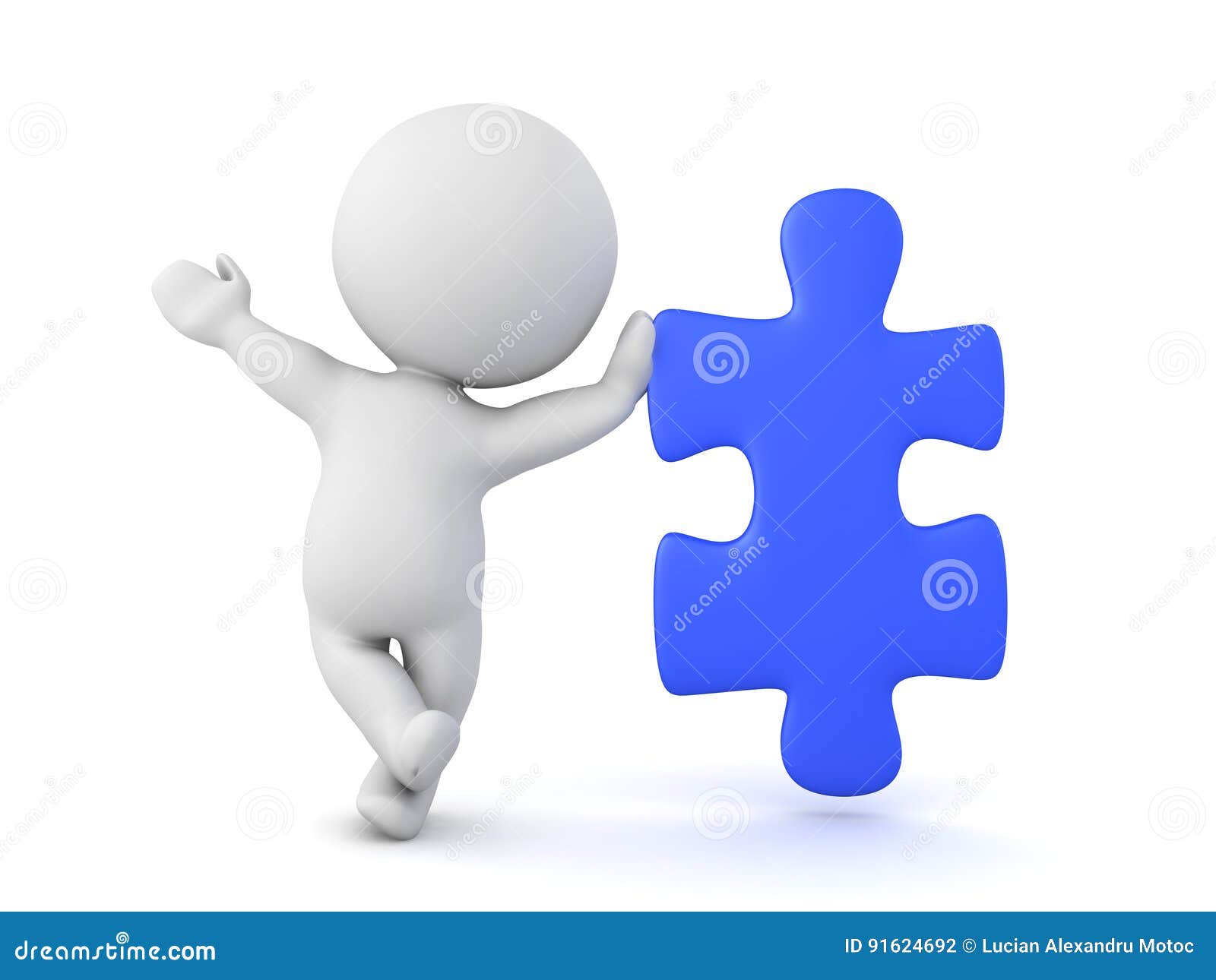 3D Character Leaning on Blue Jigsaw Puzzle Piece Stock Illustration ...