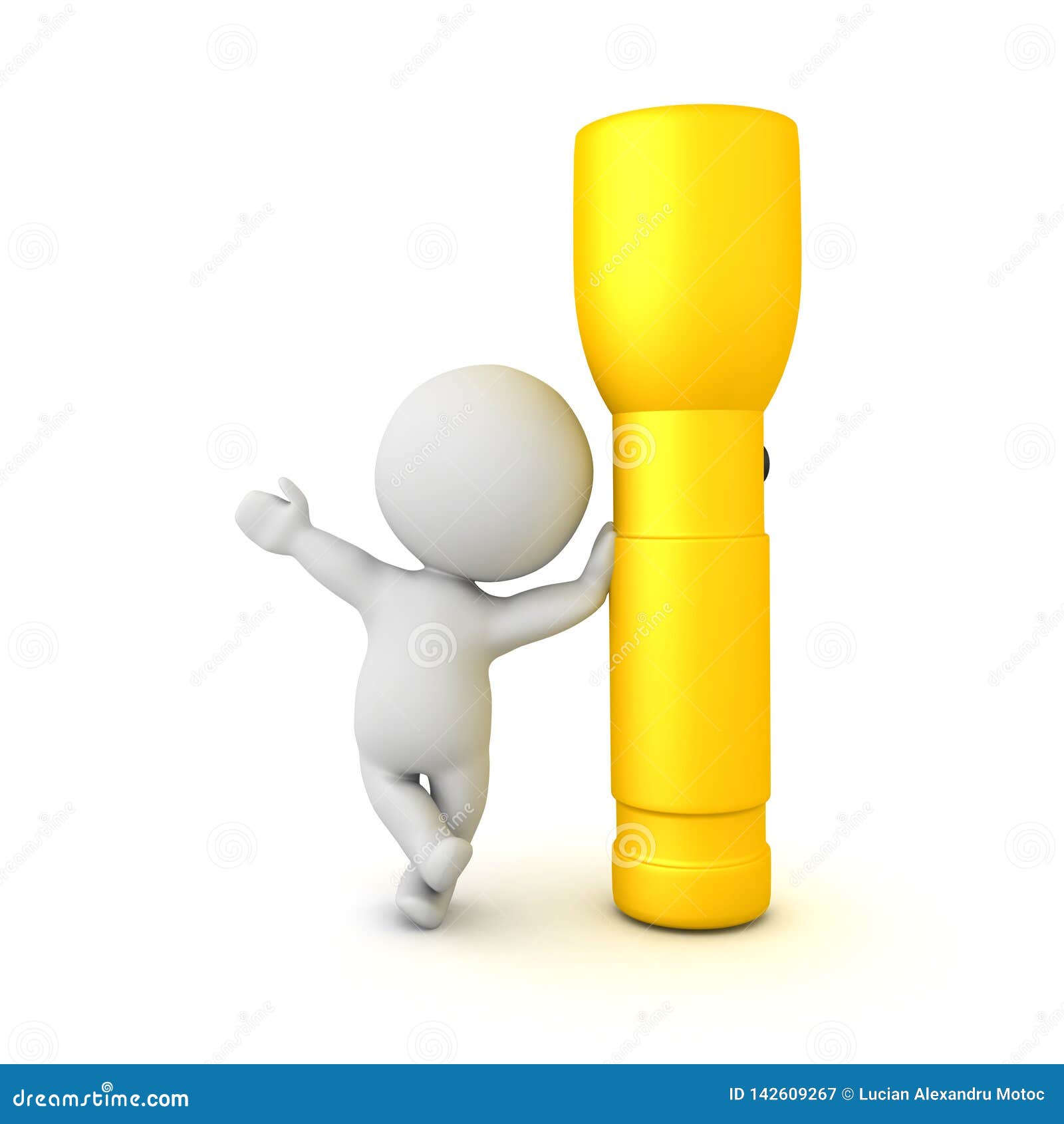 3D Character Leaning on Giant Flashlight Stock Illustration ...
