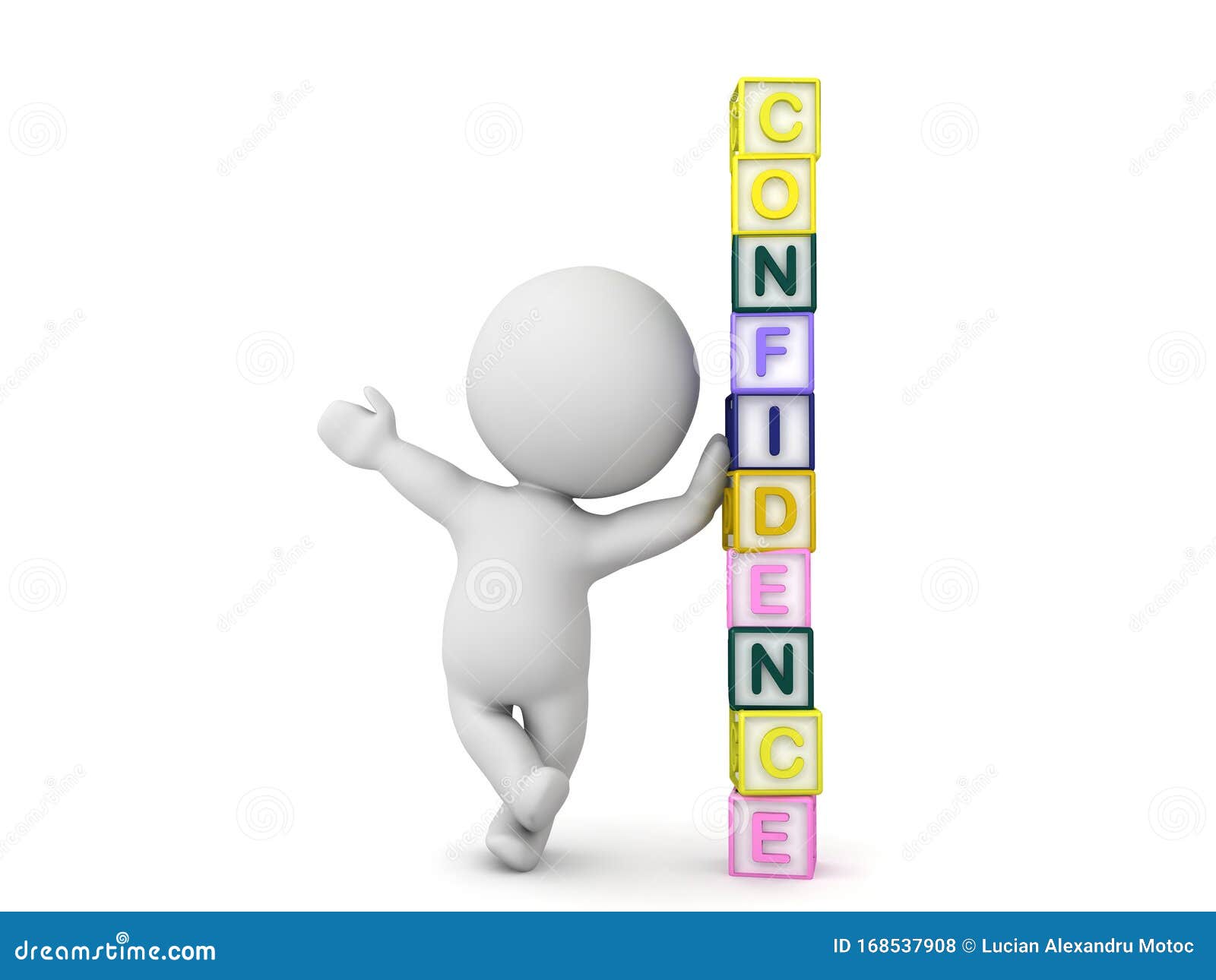 3D Character Leaning on Stack of Letters Saying CONFIDENCE Stock ...