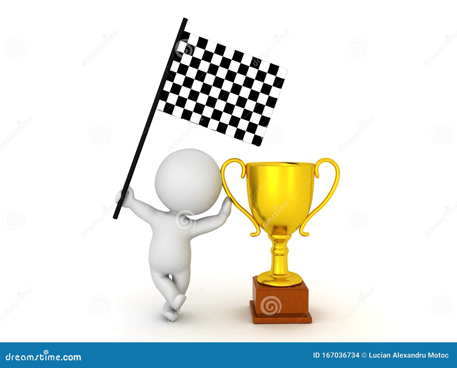 3D Character Leaning on Trophy and Holding Checkered Flag Stock ...