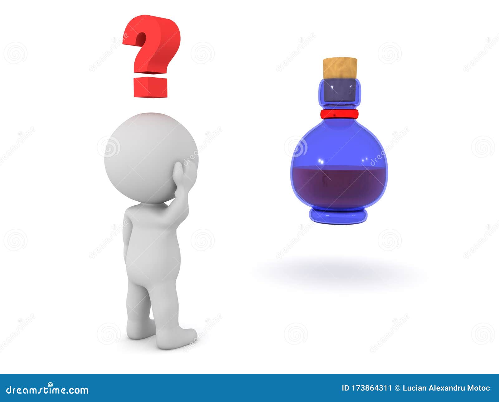 3D Character Looking Curious at Potion Bottle Stock Illustration ...