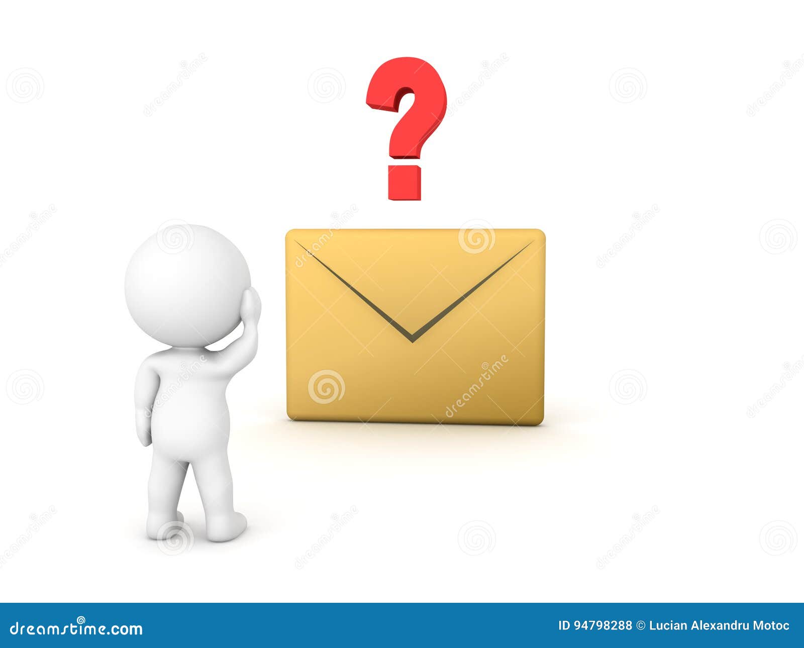 3D Character Looking at E-mail Icon with Question Mark Above it Stock ...