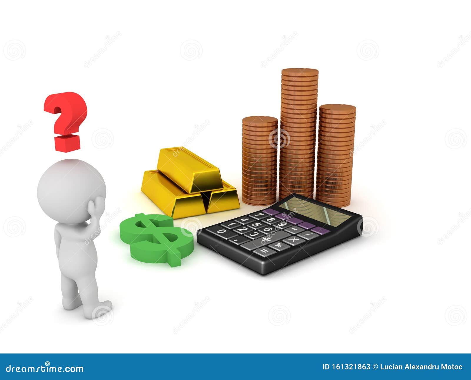 3D Character Looking at Money Related Objects Stock Illustration ...