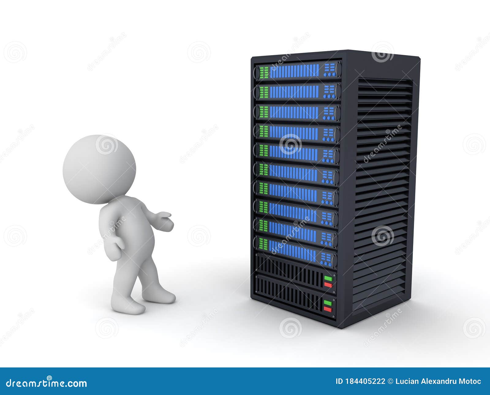 3D Character Looking Up at Big Server Rack Stock Illustration ...