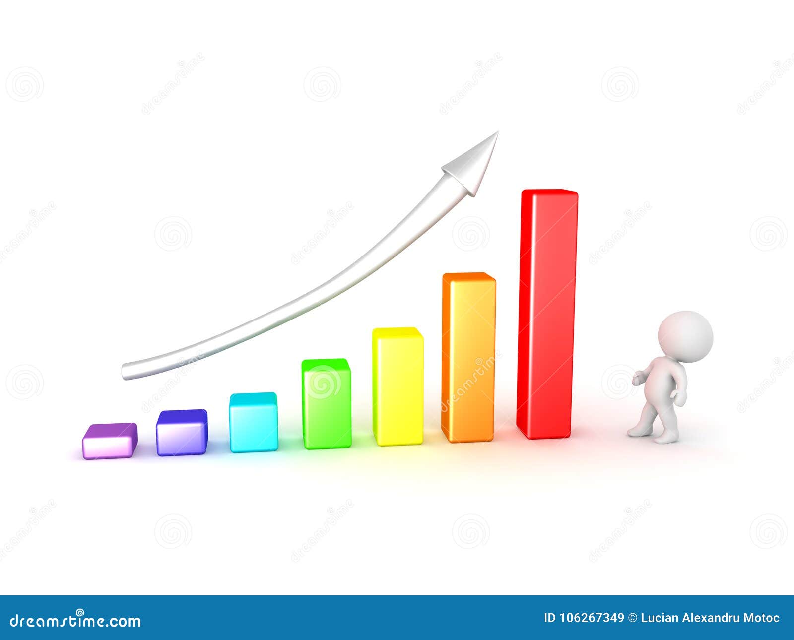 3D Character Looking Up at Colorful Progress Graph Chart Stock ...