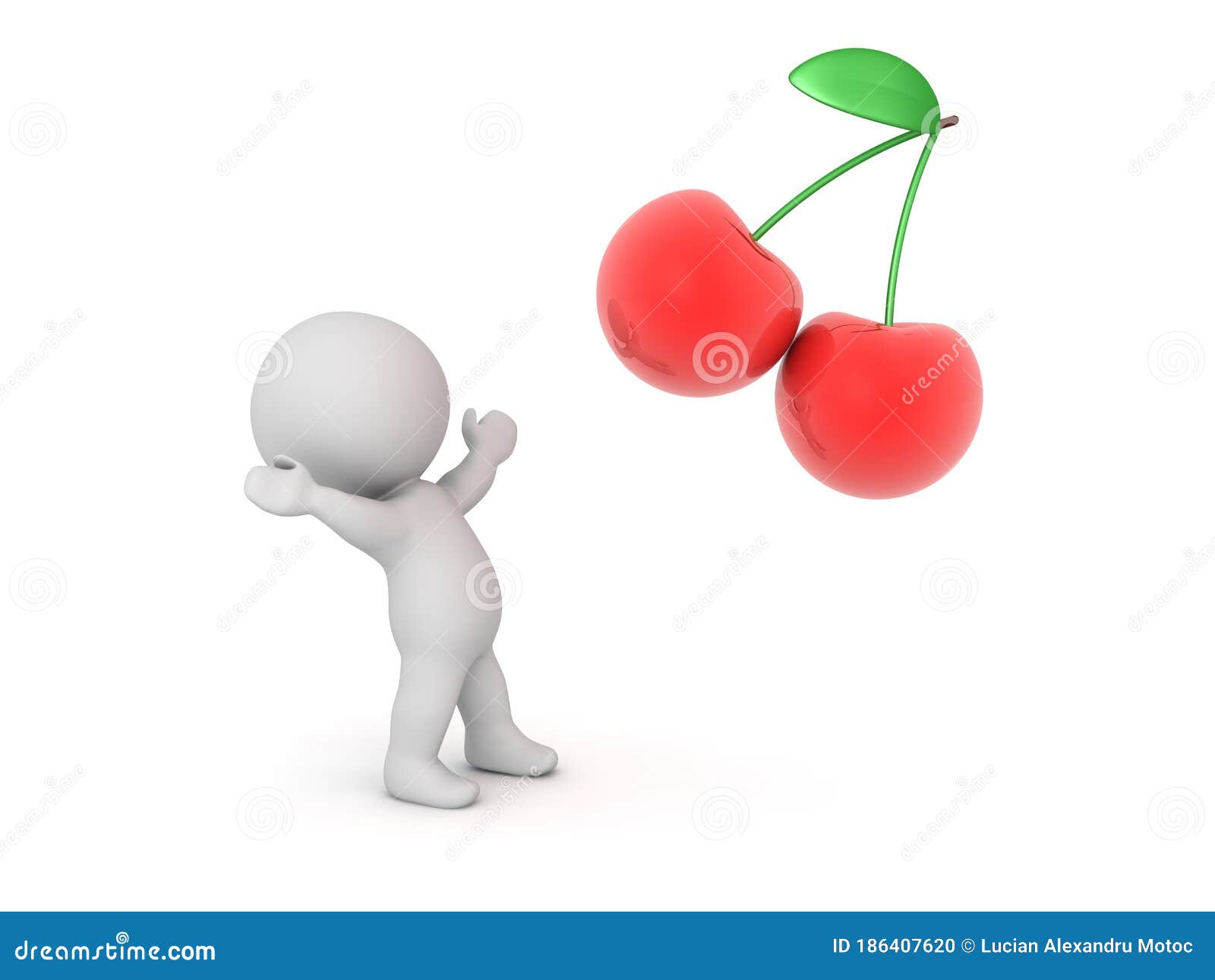 3D Character Looking Up Excited at Cherries Stock Illustration ...