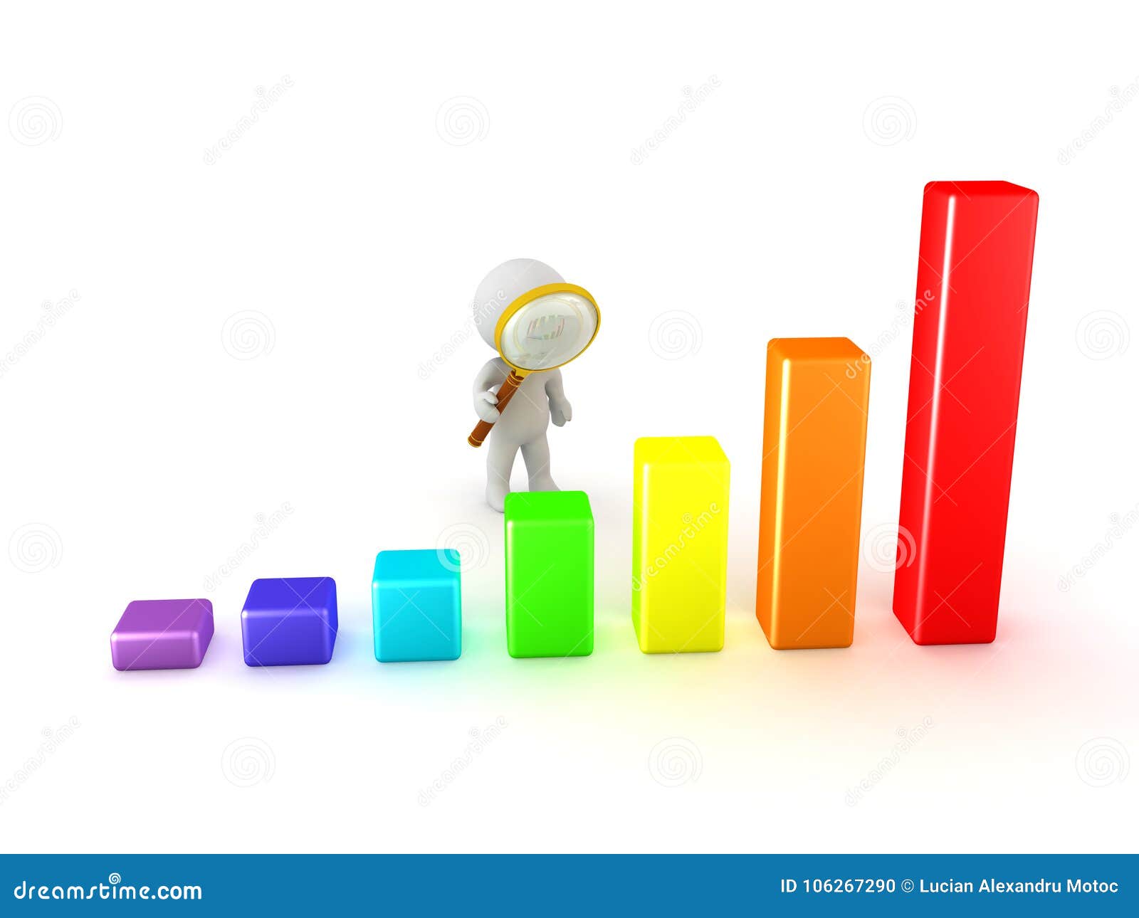 3D Character with Magnifying Glass Looking at Colorful Chart Graph ...