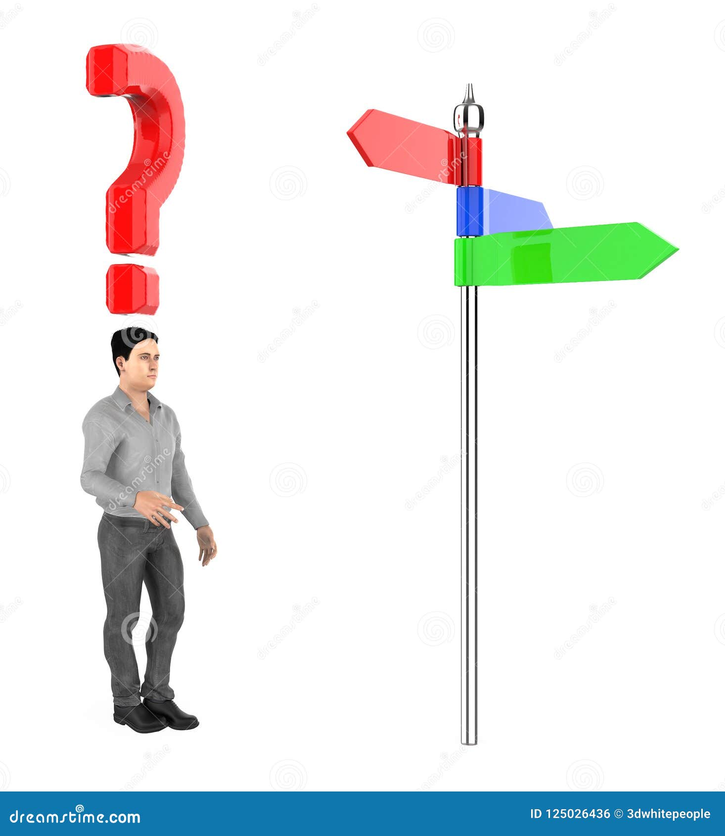 3d Character Man Standing In Front Of A Arrow Sign Board Question Mark Over His Head Stock