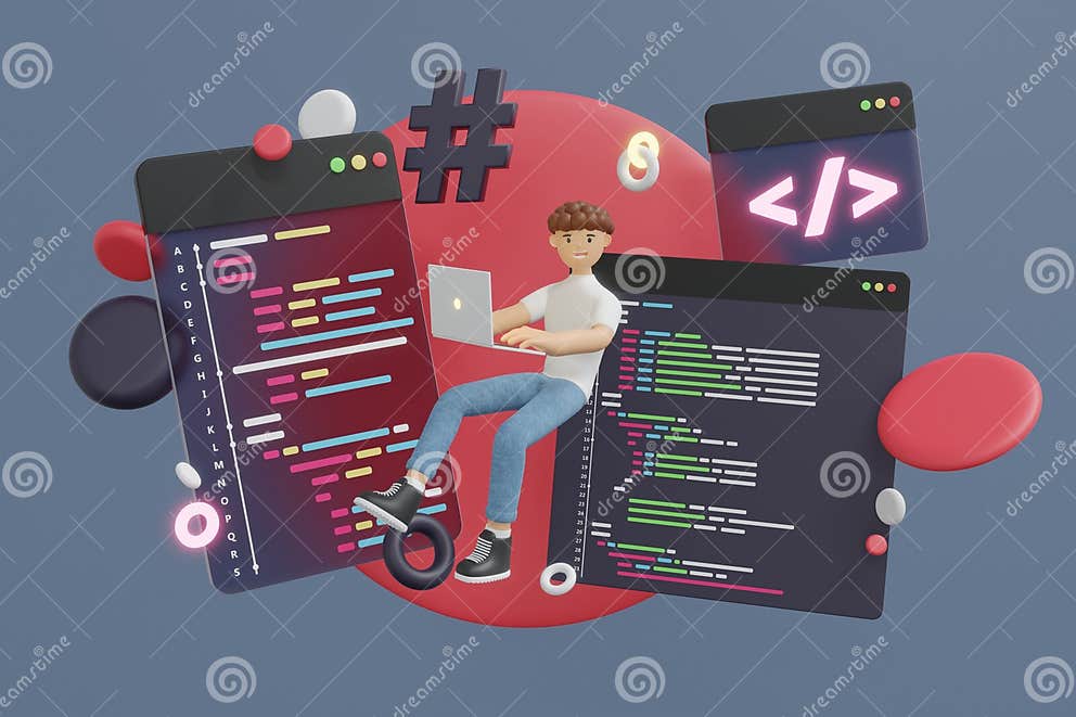 3d Character Man Writes Code On The Computer Programming And Coding Concept Stock Illustration