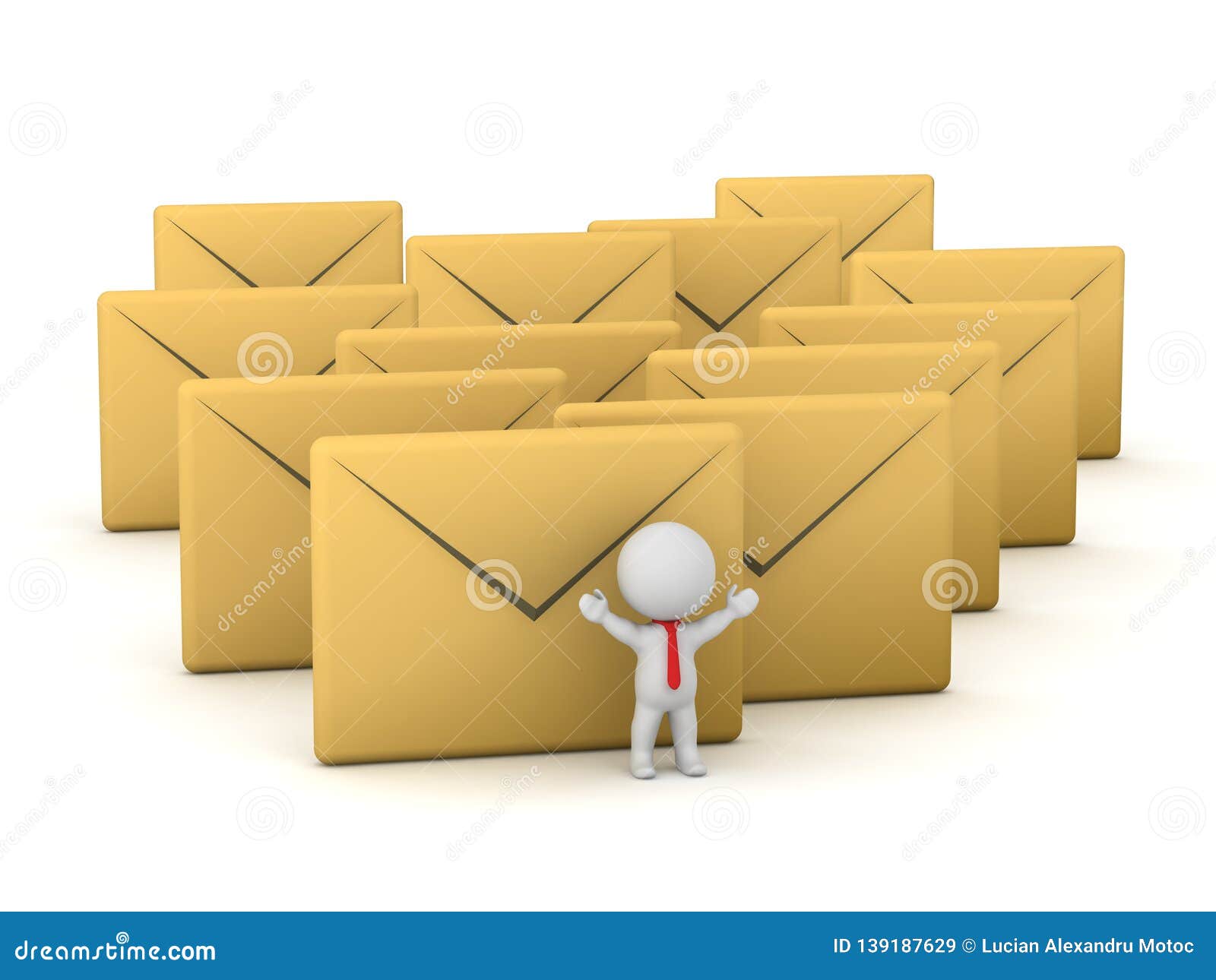 3D Character with Many Large Mail Envelopes Stock Illustration ...