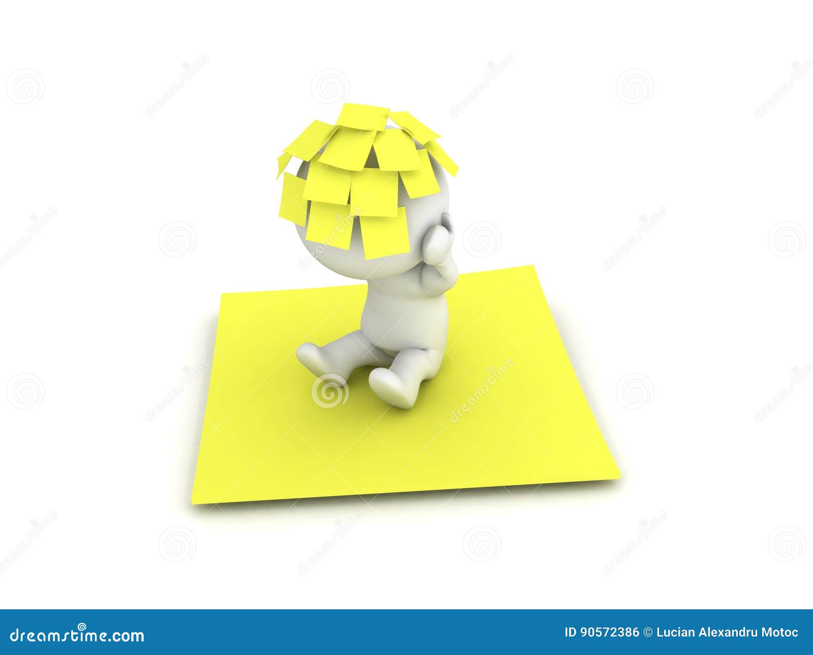 3D Character with Many Yellow Post it Sticky Notes on His Head S Stock ...