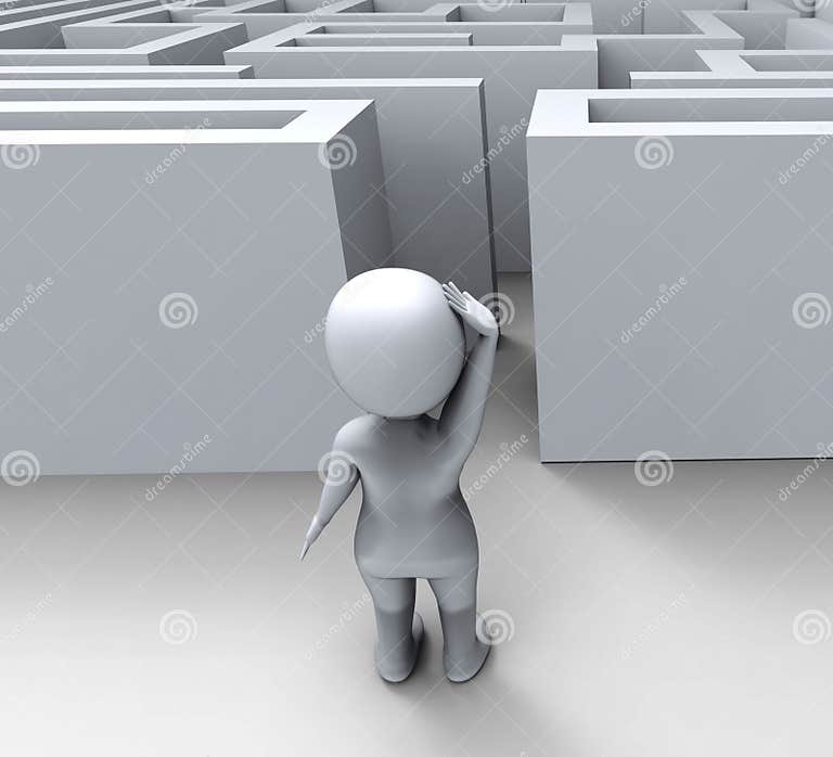 3d Character at Maze Shows Challenge or Confused Stock Illustration ...