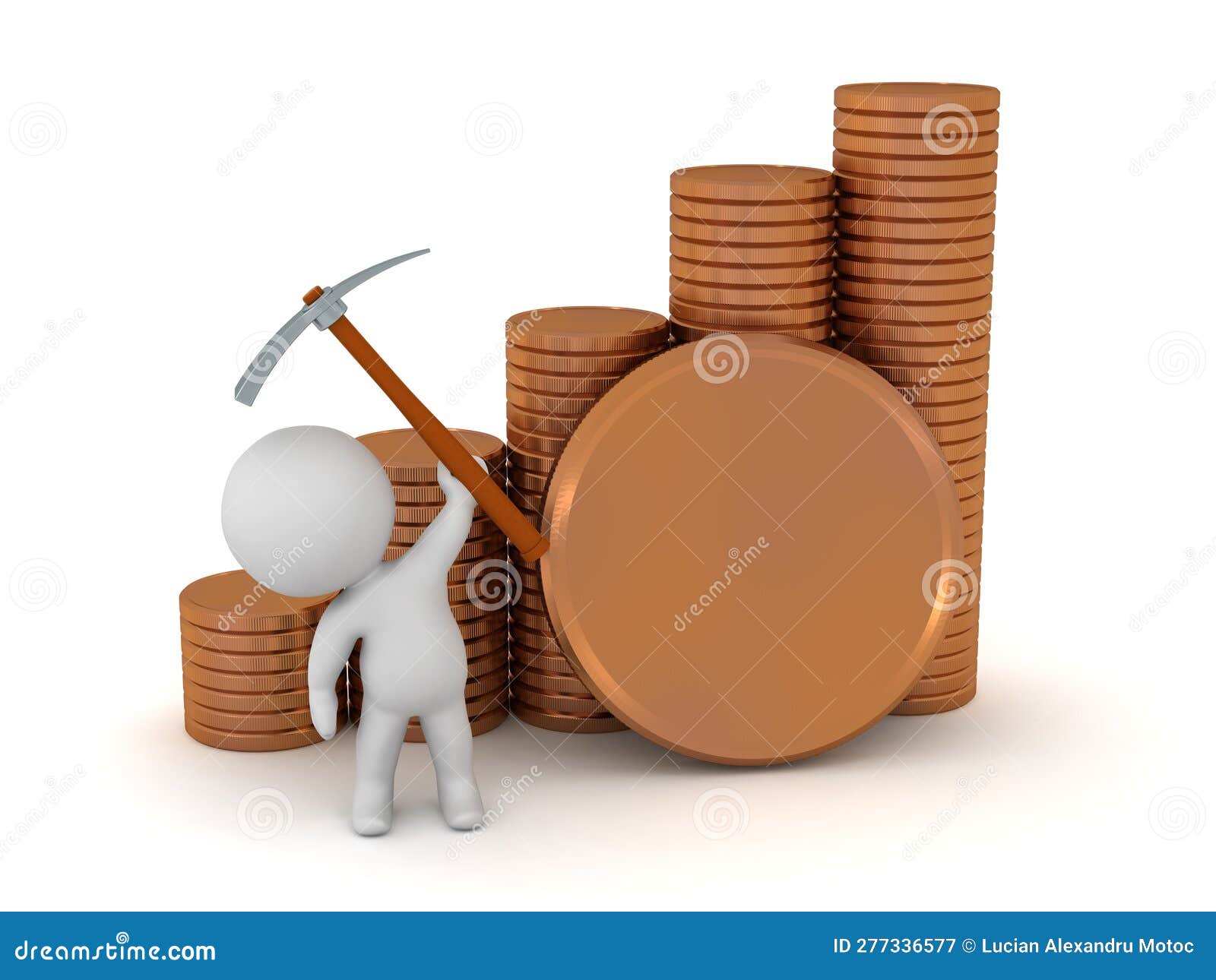 3D Character with a Pick-Axe and Stacks of Coins Stock Illustration ...