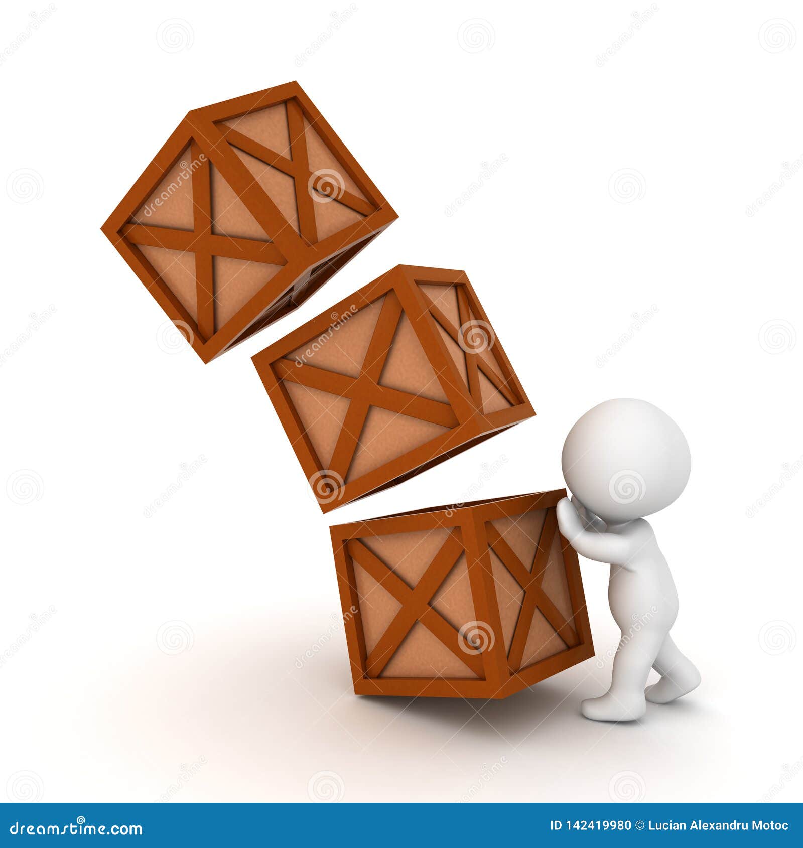 3D Character Pushing Over a Stack of Crates Stock Illustration ...
