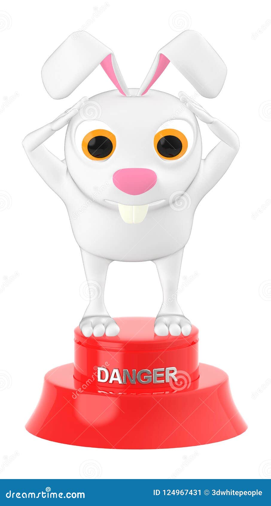 3d Character , Rabbit Standing Over Danger Button Stock Illustration ...