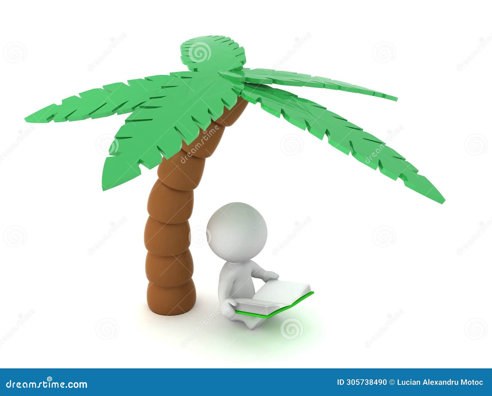 3D Character Reading a Book Under a Palm Tree Stock Illustration ...