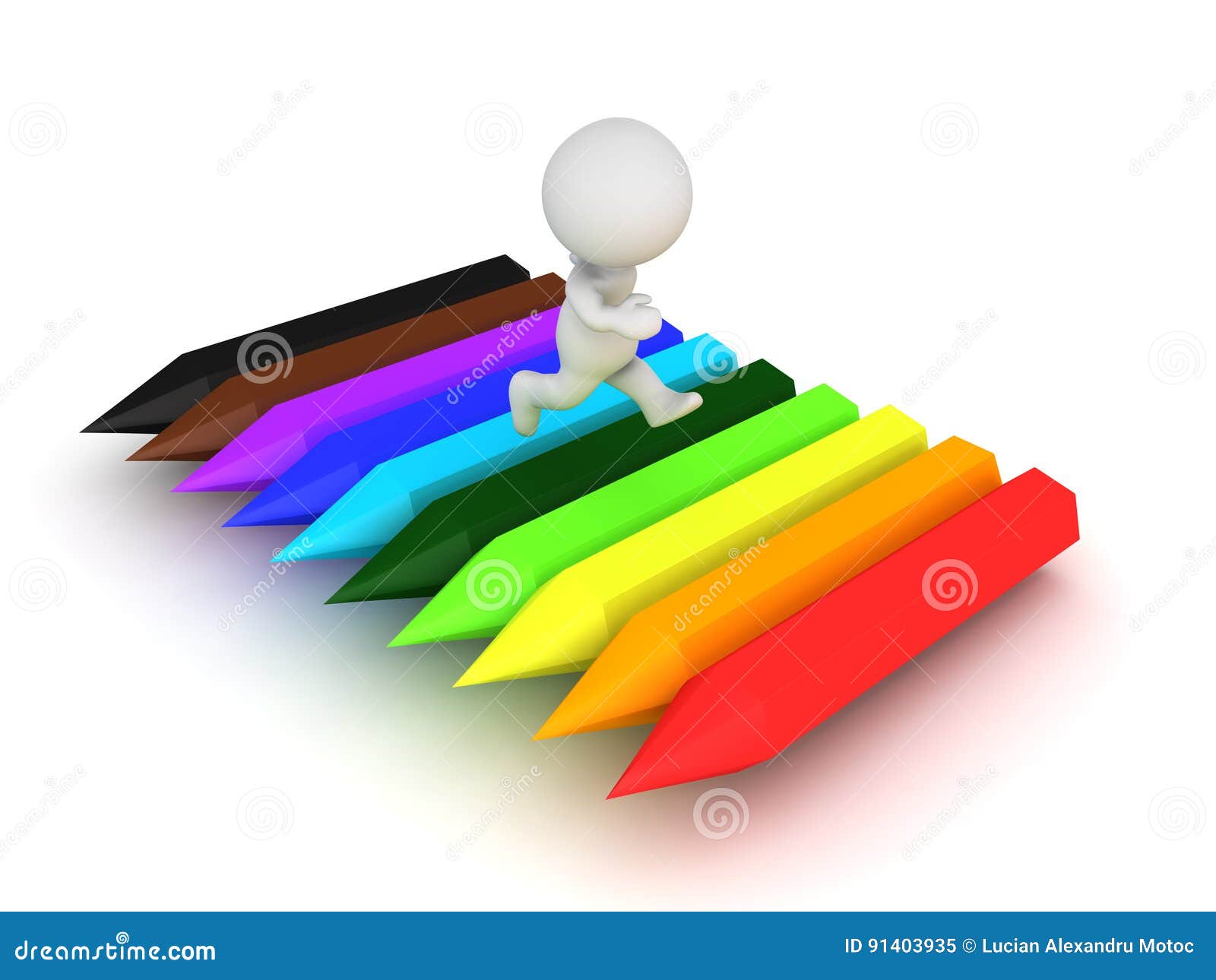 3D Character Running on Top of Rainbow Colored Crayons Stock ...