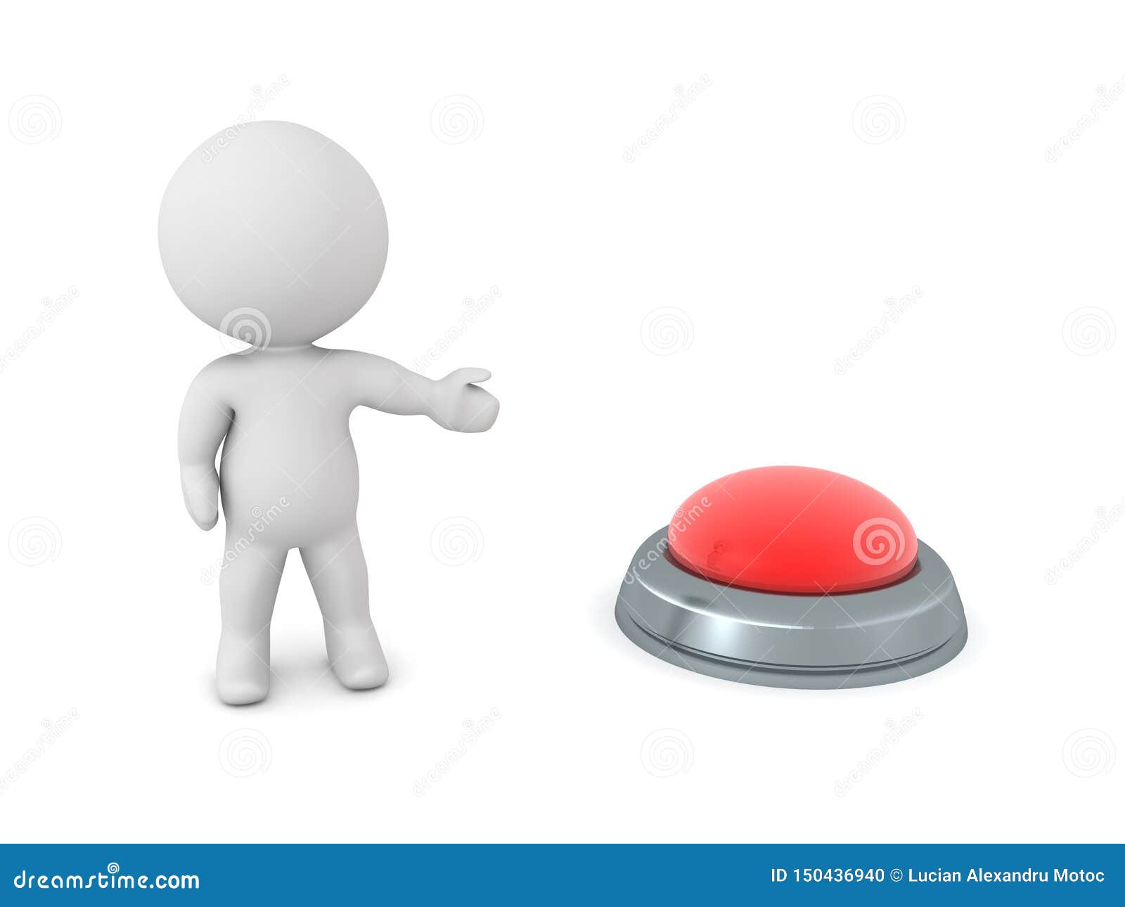 3D Character Showing Big Red Button Stock Illustration - Illustration ...