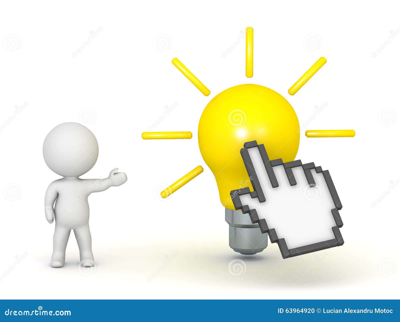 3D Character Showing Click on Light Bulb Idea Stock Illustration ...