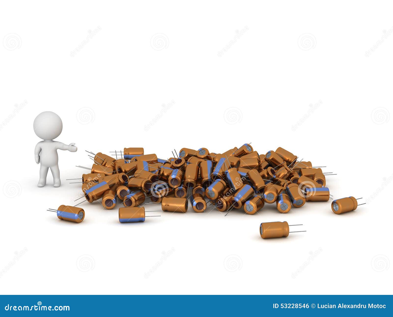 3D Character Showing Pile of Capacitors Stock Illustration ...