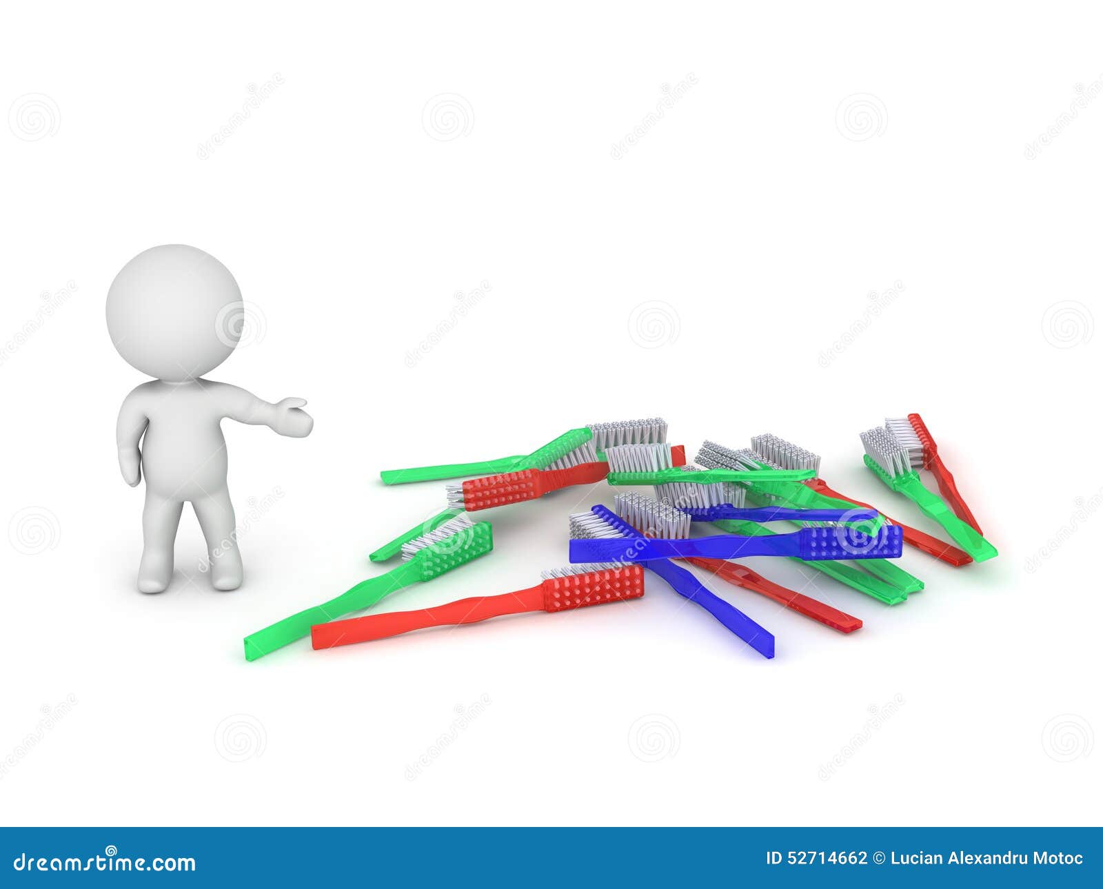 3D Character Showing Pile of ToothBrushes Stock Illustration ...