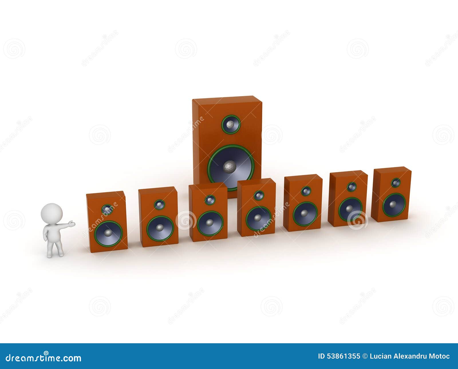 3D Character Showing Seven Speakers Plus One Large Speaker Stock ...