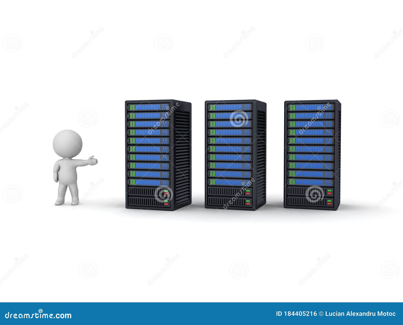3D Character Showing Three Server Racks Stock Illustration ...