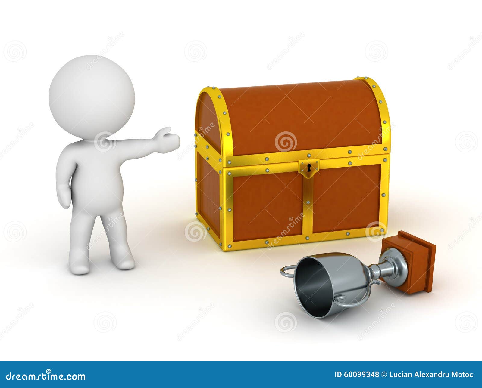 3D Character Showing Treasure Chest and Silver Trophy Stock ...