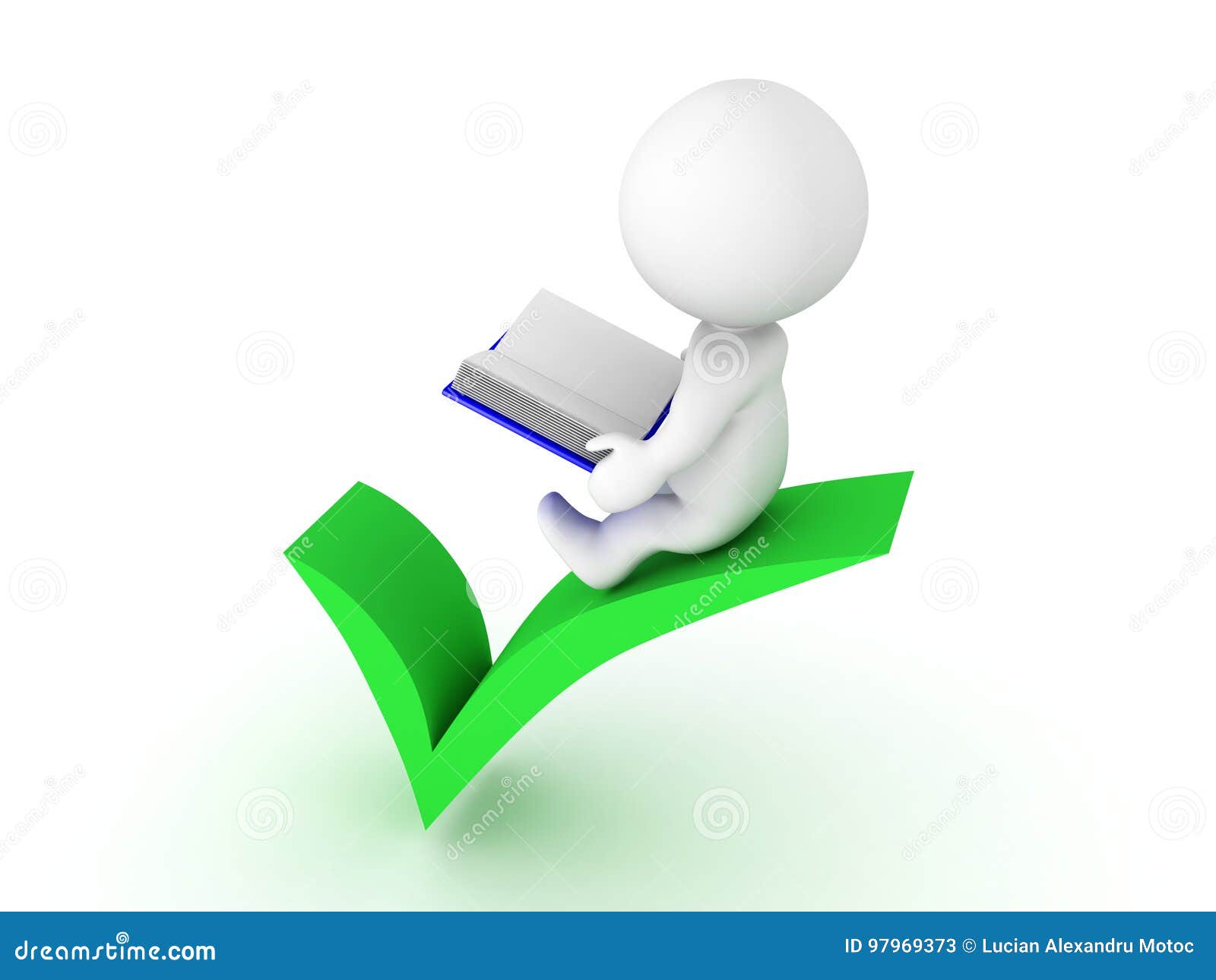 3D Character Sitting on Green Checkmark and Reading a Book Stock ...