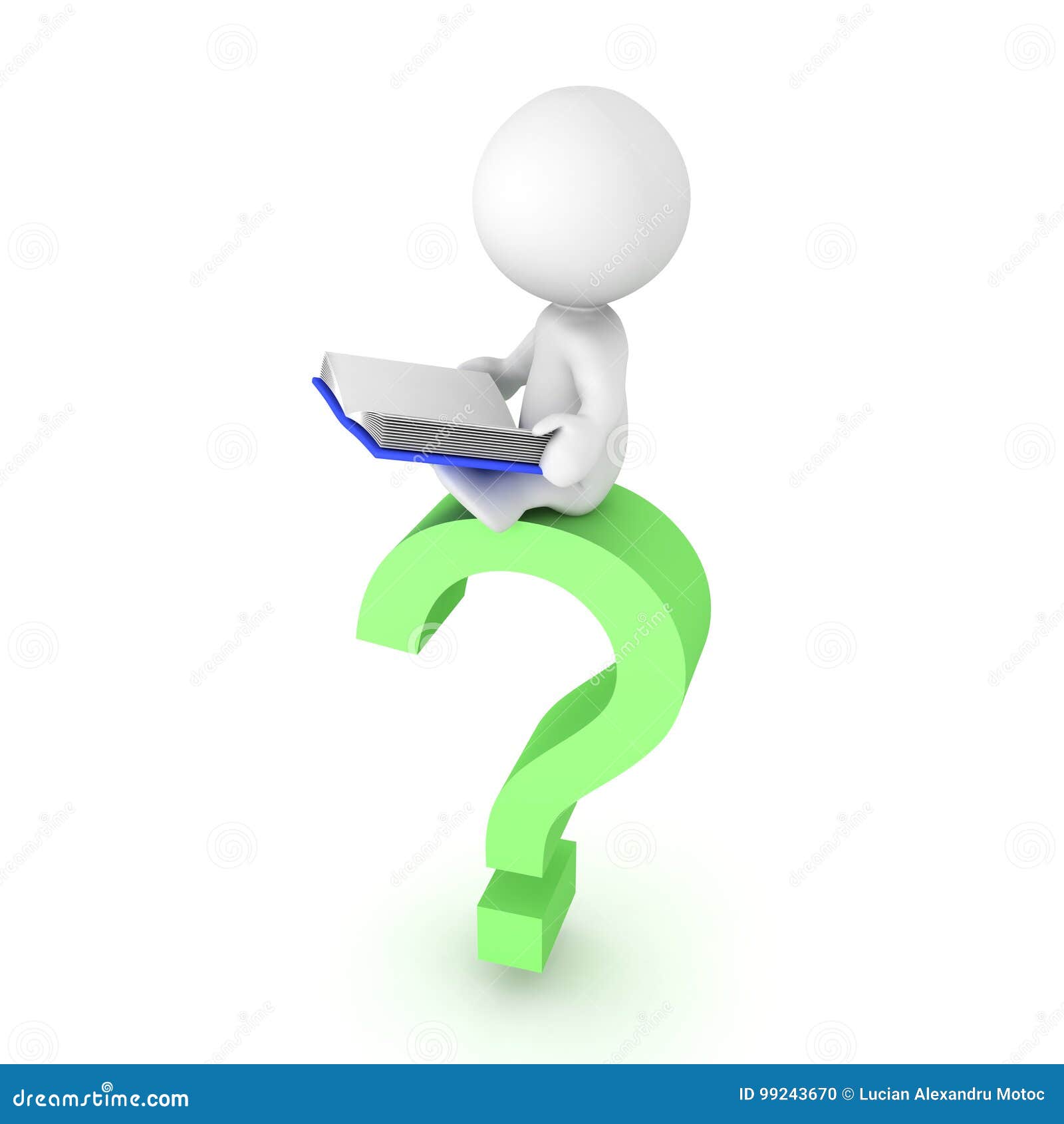 3D Character Sitting on Question Mark and Reading a Book Stock ...