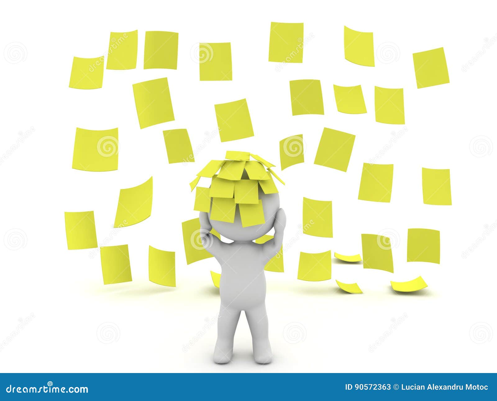 3D Character Sitting in a Rain of Yellow Post it Sticky Notes Stock ...
