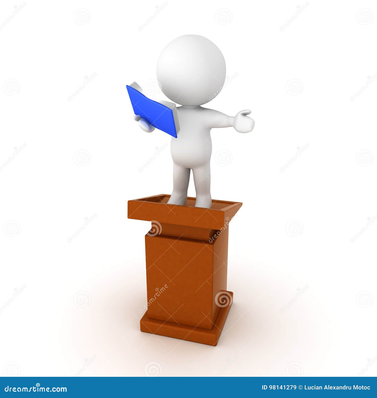 3D Character Sitting On Top Of A Lectern And Preaching From Book Stock ...