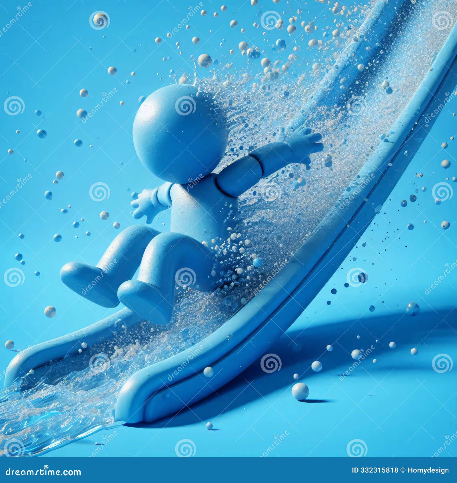 A 3D Character Slides Down a Water Slide into a Splash Stock ...