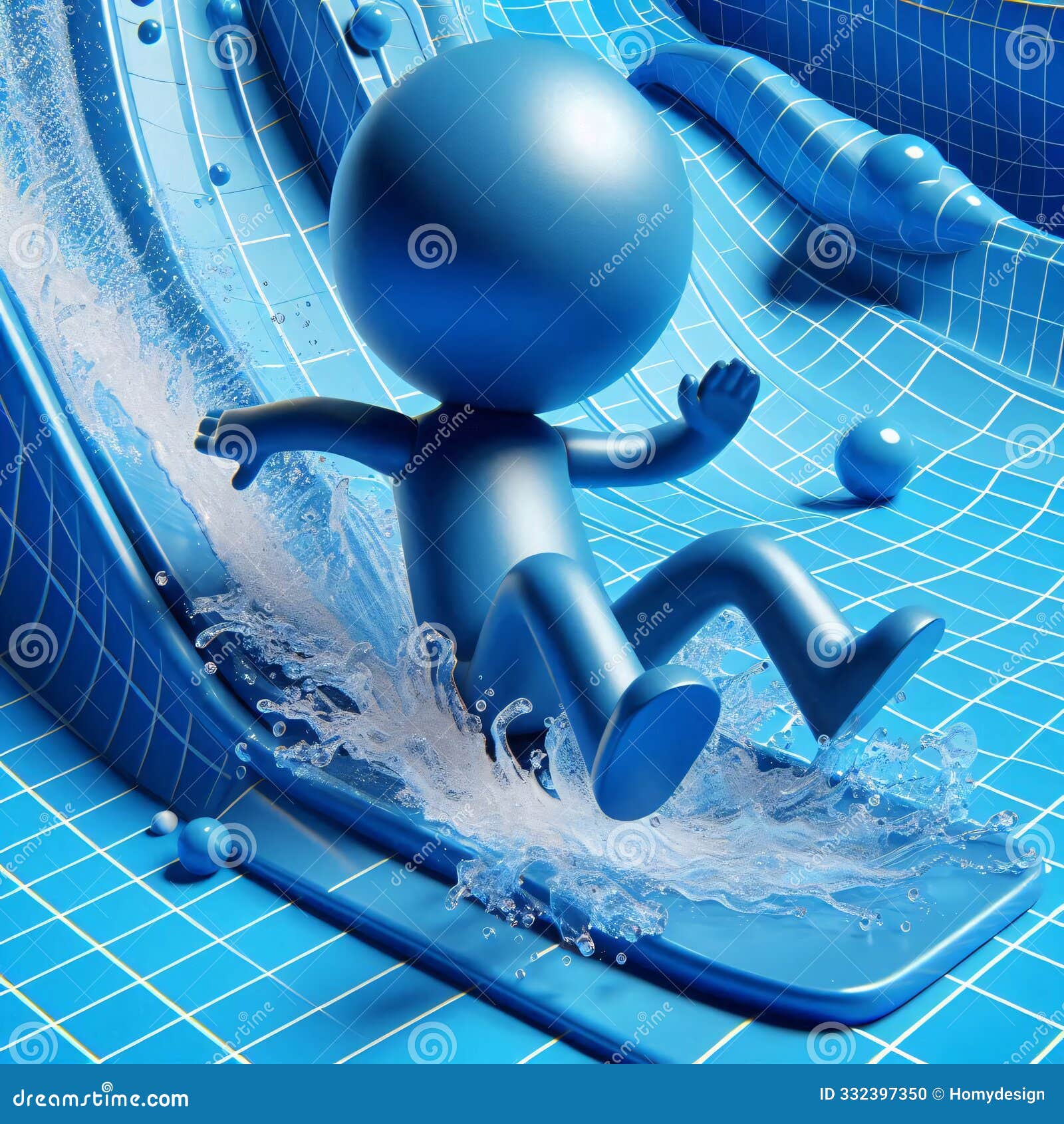 A 3D Character Slides Down a Water Slide into a Splash Stock ...