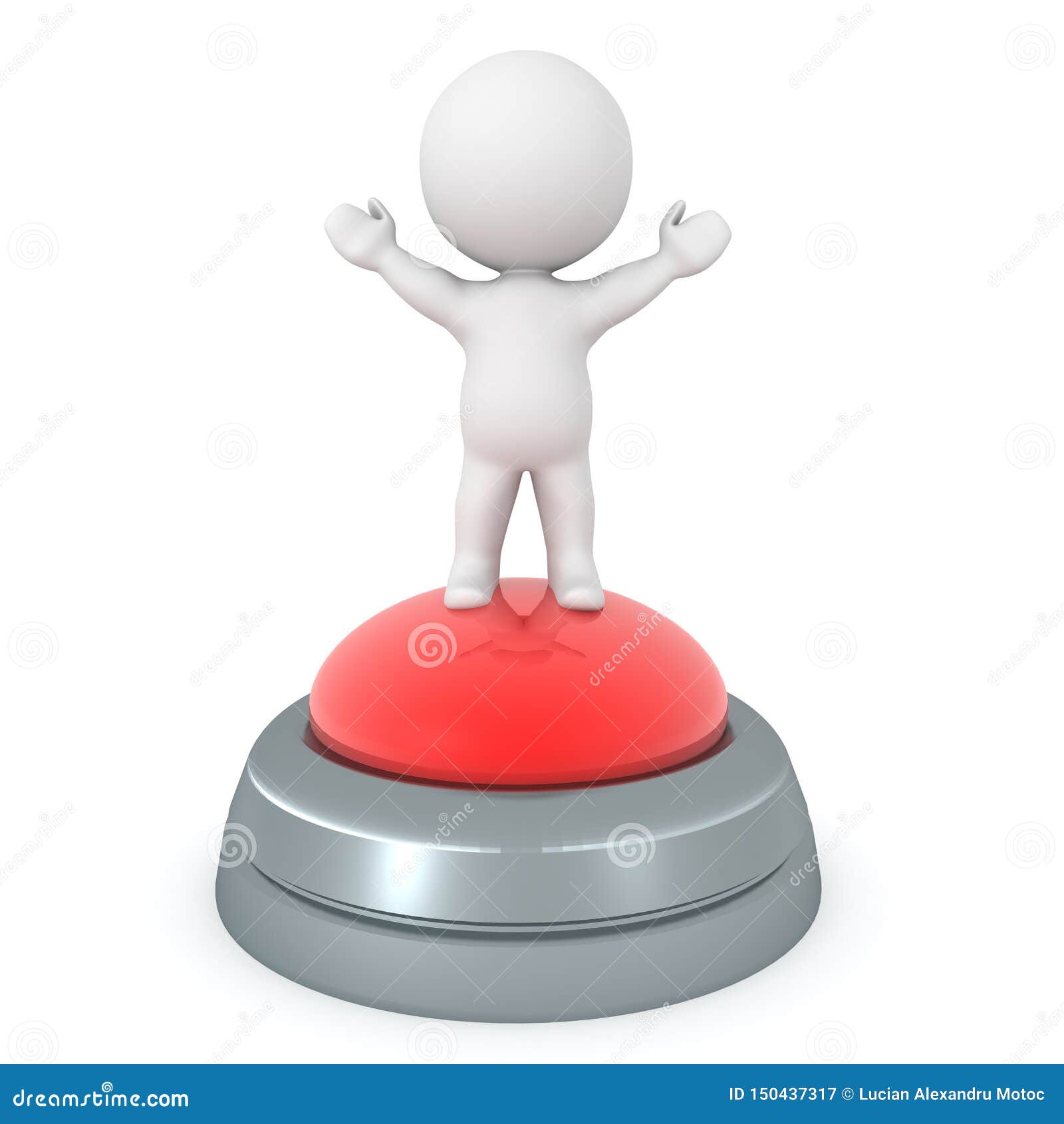 3D Character Standing with Arms Raised on Big Red Button Stock ...