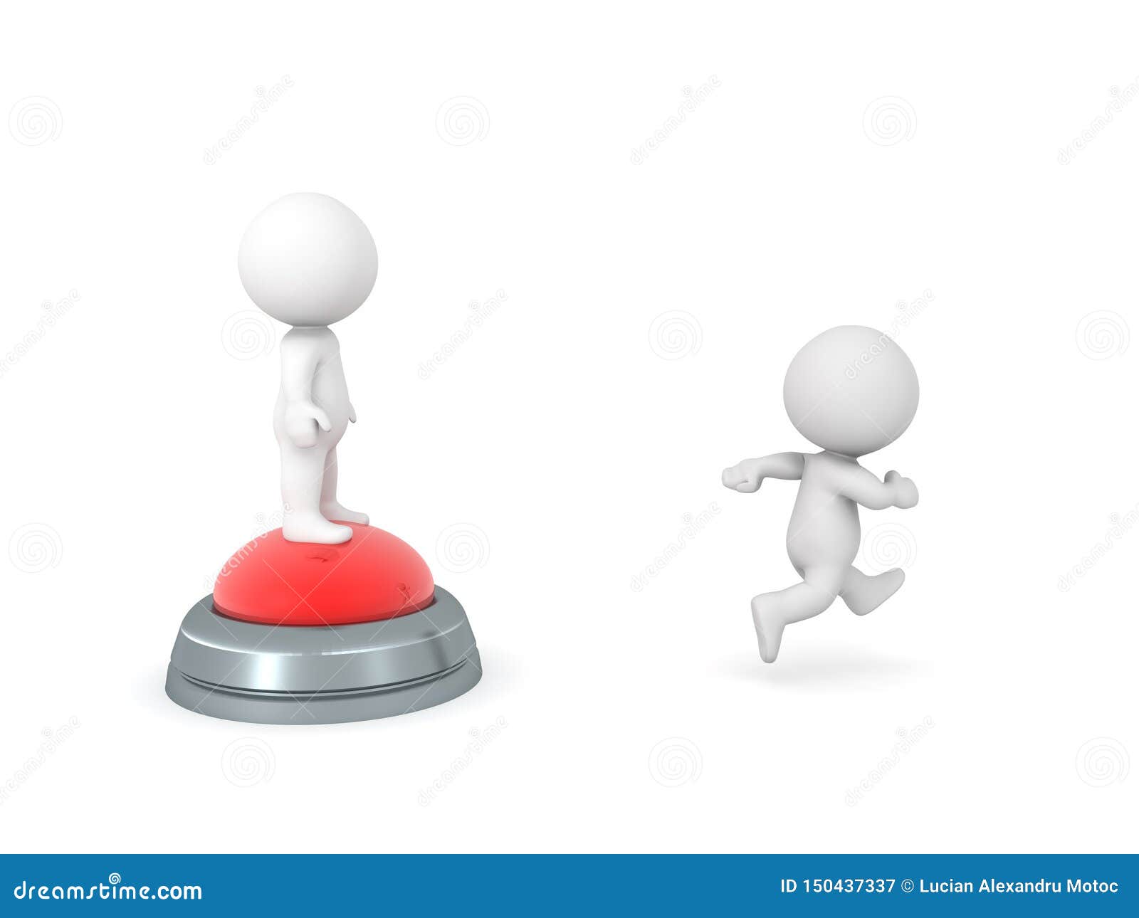 3D Character Standing on Big Red Button while Another is Running Away ...