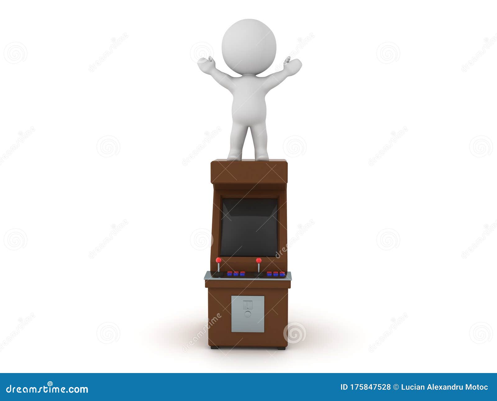 3D Character Standing Cheerful on Retro Arcade Cabinet Stock ...