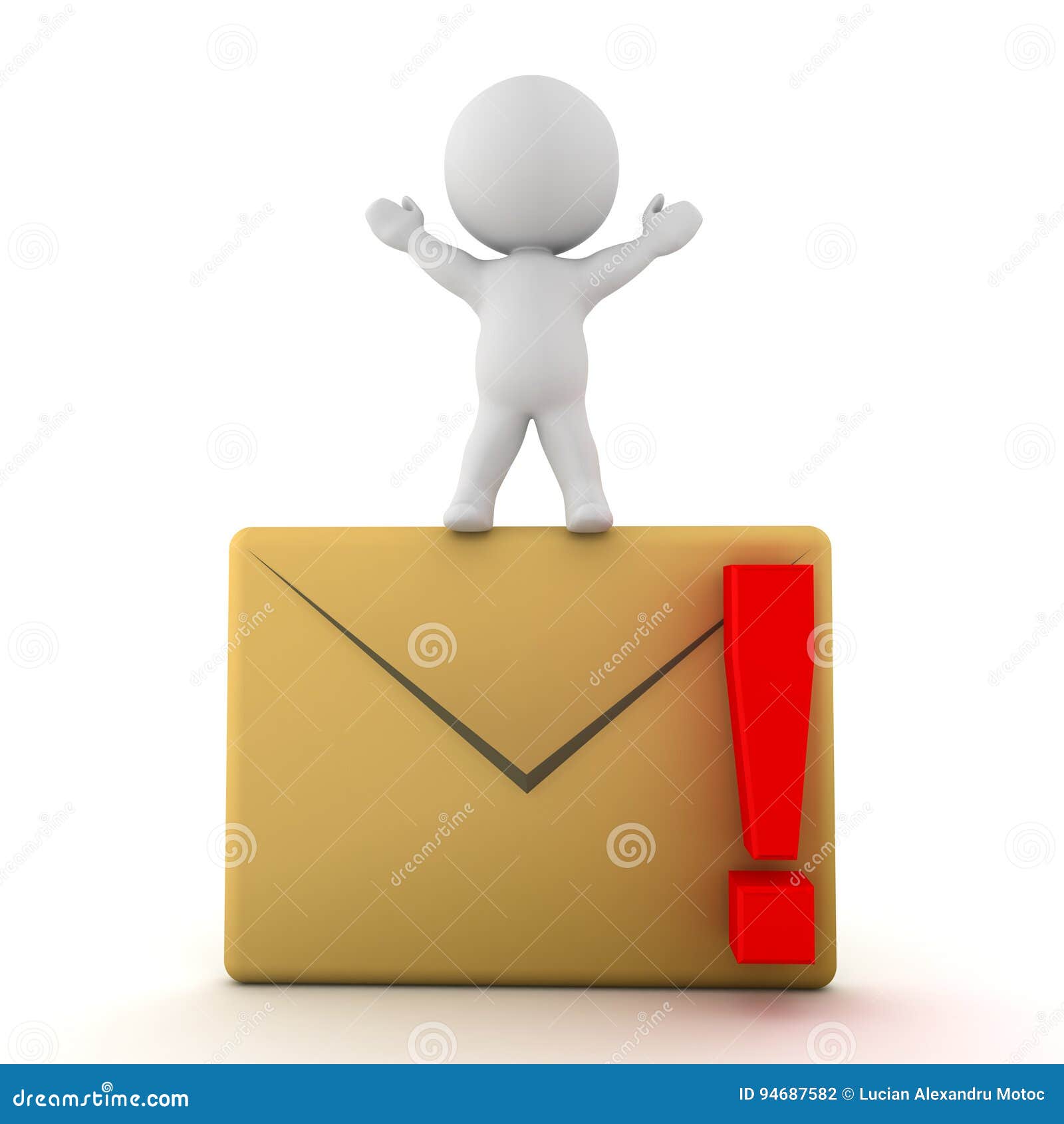 3D Character Standing on Mail Envelope with Red Exclamation Point Stock ...