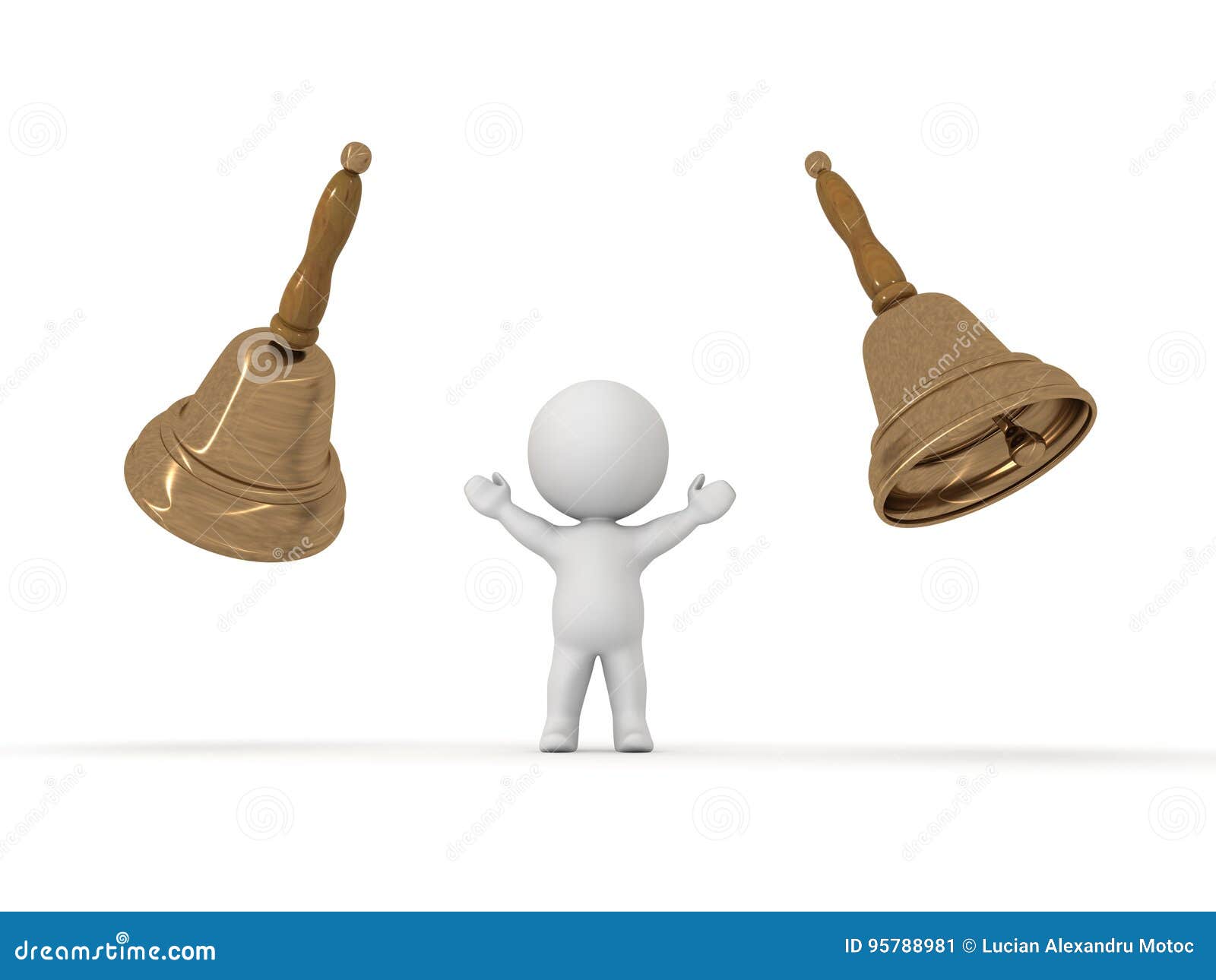 3D Character Standing between Two Ringing Brass Bells Stock ...