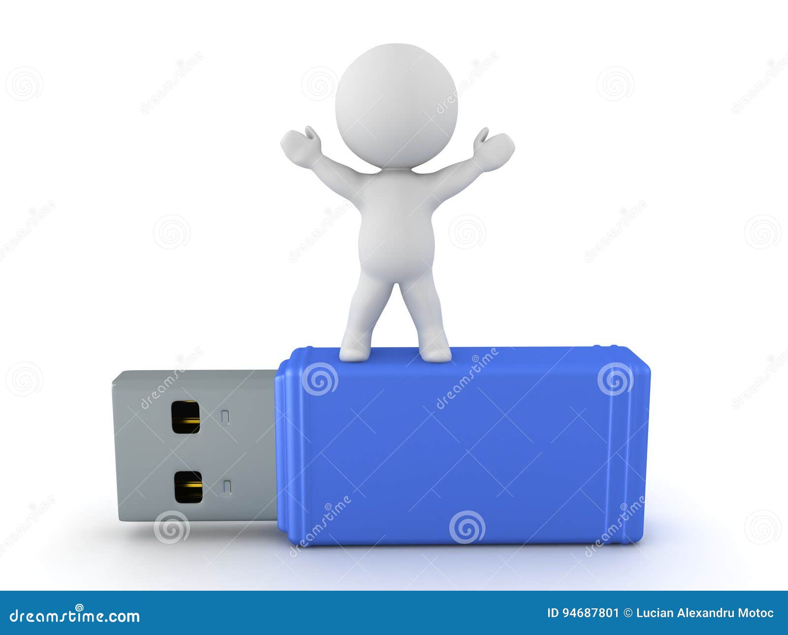 3D Character Standing on USB Stick with His Arms Raised Stock ...