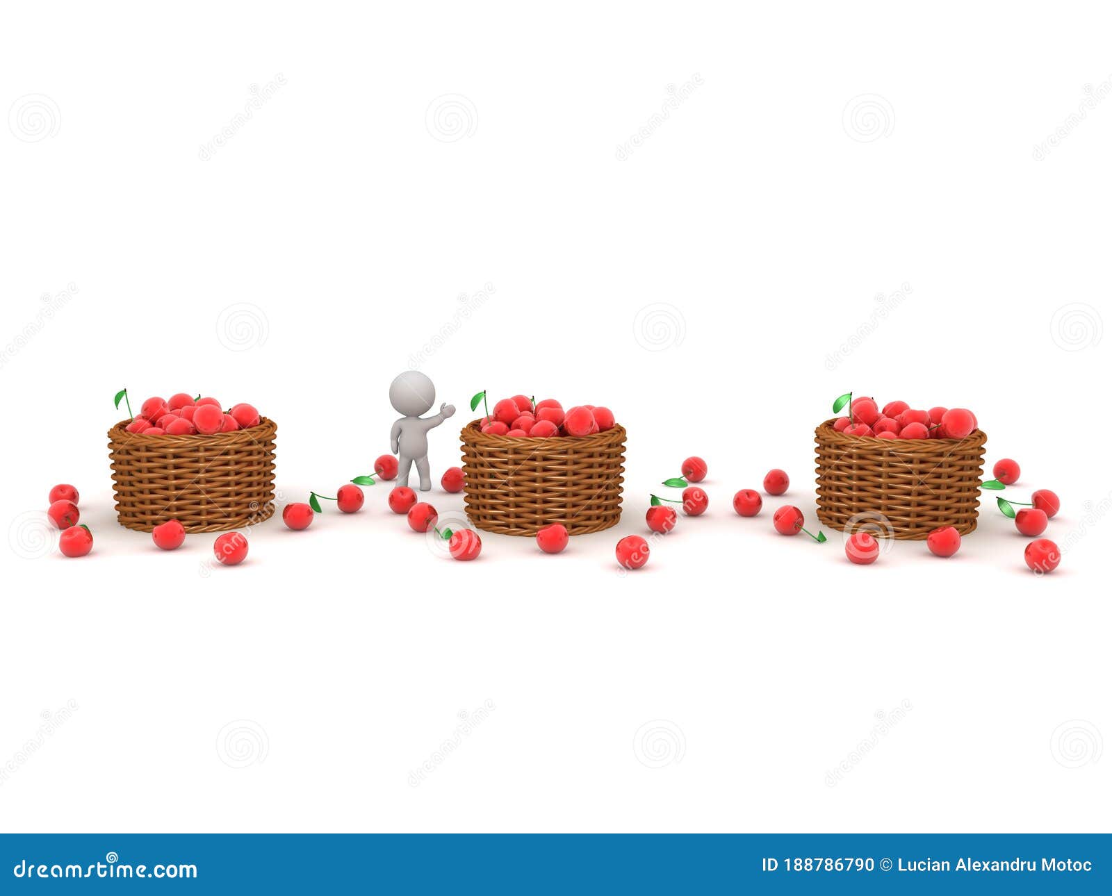 3D Character and Three Cherry Baskets Stock Illustration - Illustration ...