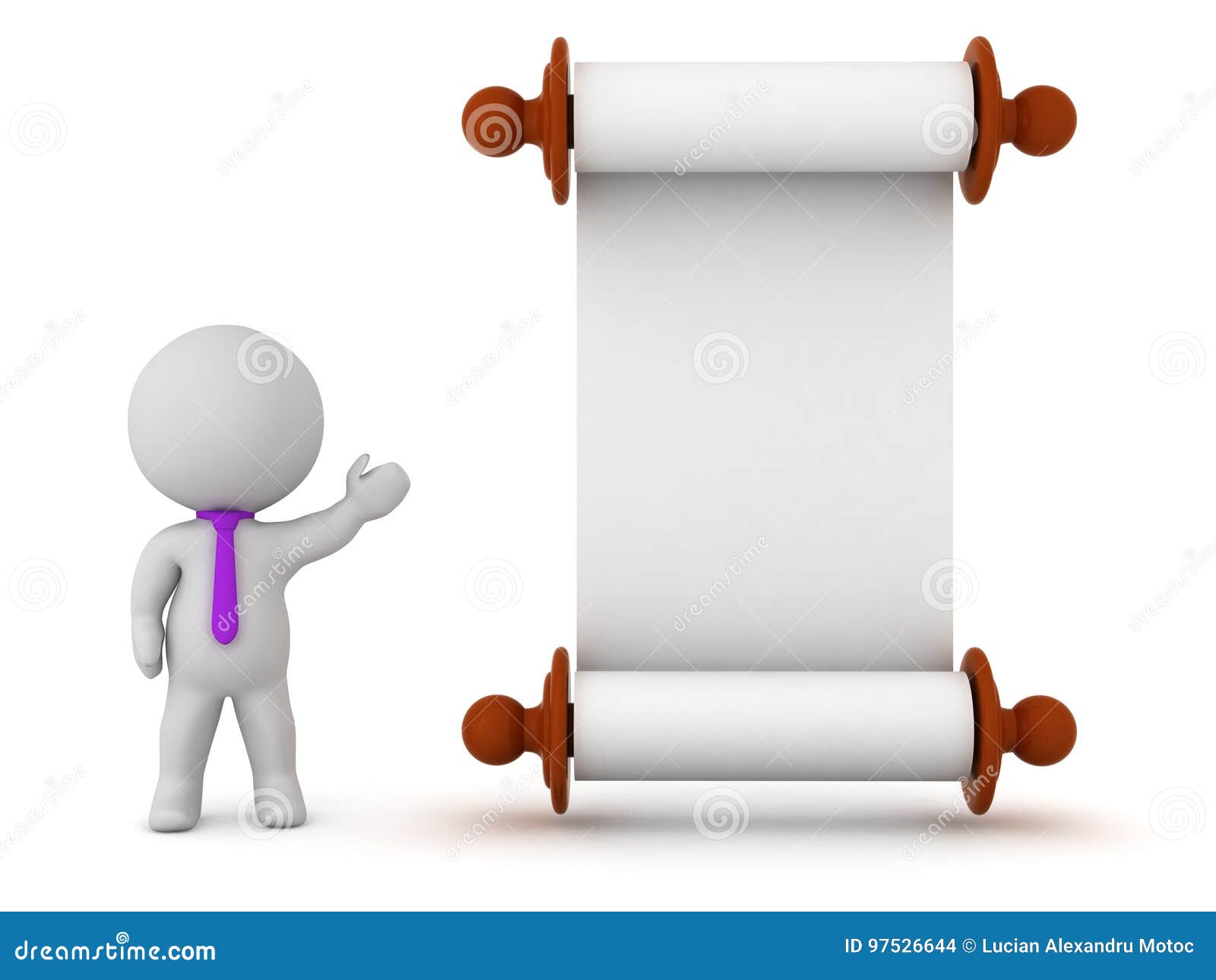 3D Character in Tie Showing Large Scroll Document Stock Illustration ...
