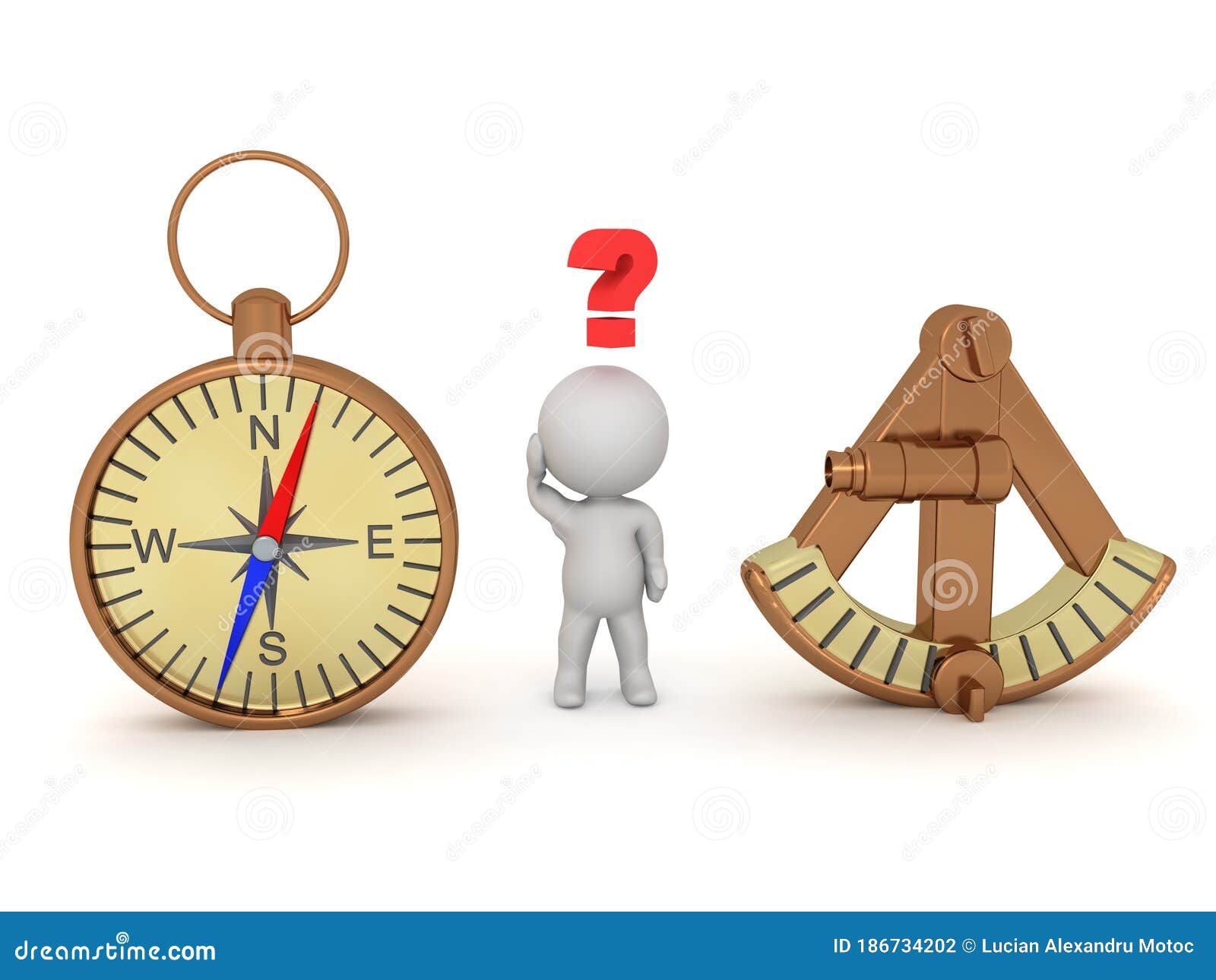 3D Character Trying To Choose between Sextant and Compass Stock ...