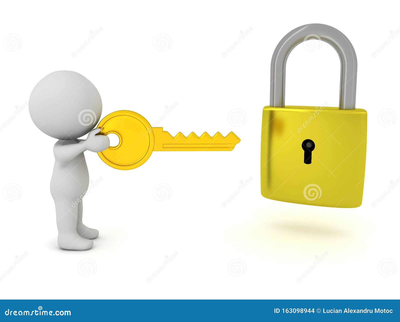 3D Character Using a Golden Key To Open a Lock Stock Illustration ...