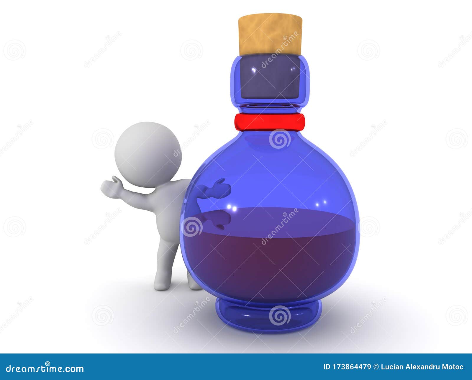 3D Character Waving from Behind Potion Bottle Stock Illustration ...