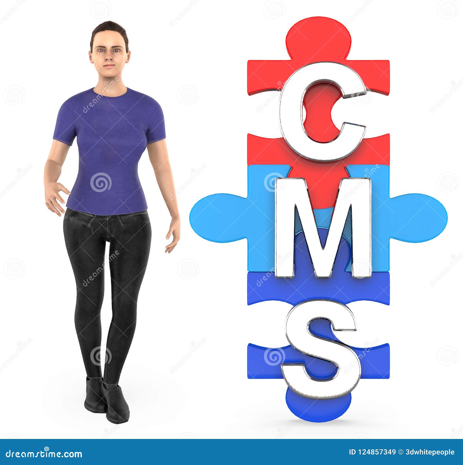 3d Character , Woman and Cms Text in Jigsaw Stock Illustration ...