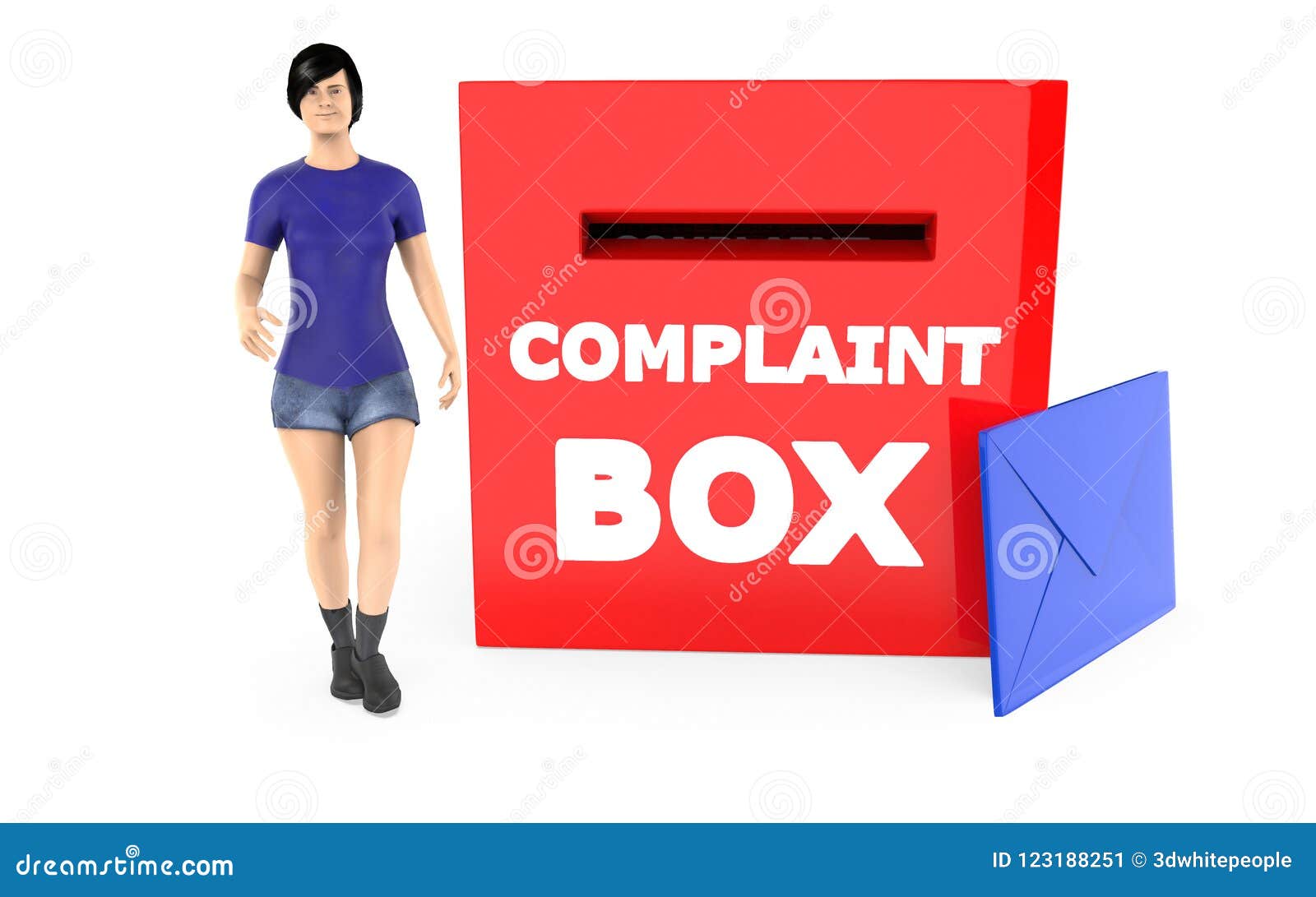 3d Character , Woman and a Complaint Box with Envelope Stock ...